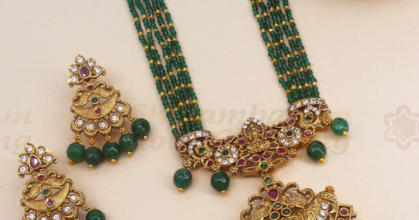 Gold Plated Victorian Haram Emerald Stone Pattern With Earrings HR2902