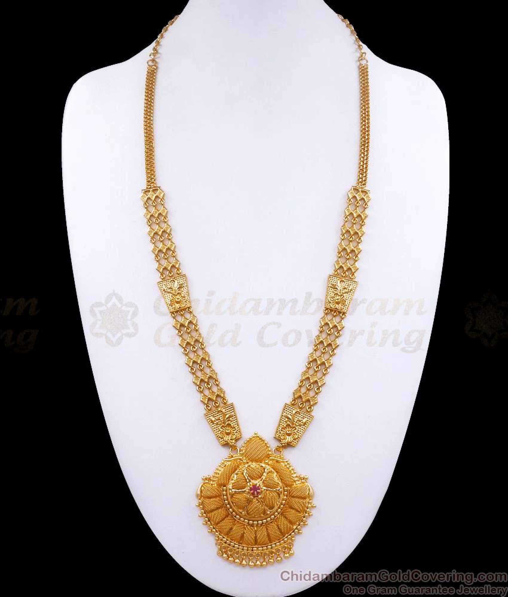 Pure Gold Tone Long Haram Designs Ruby Stone Flower Malai HR2913