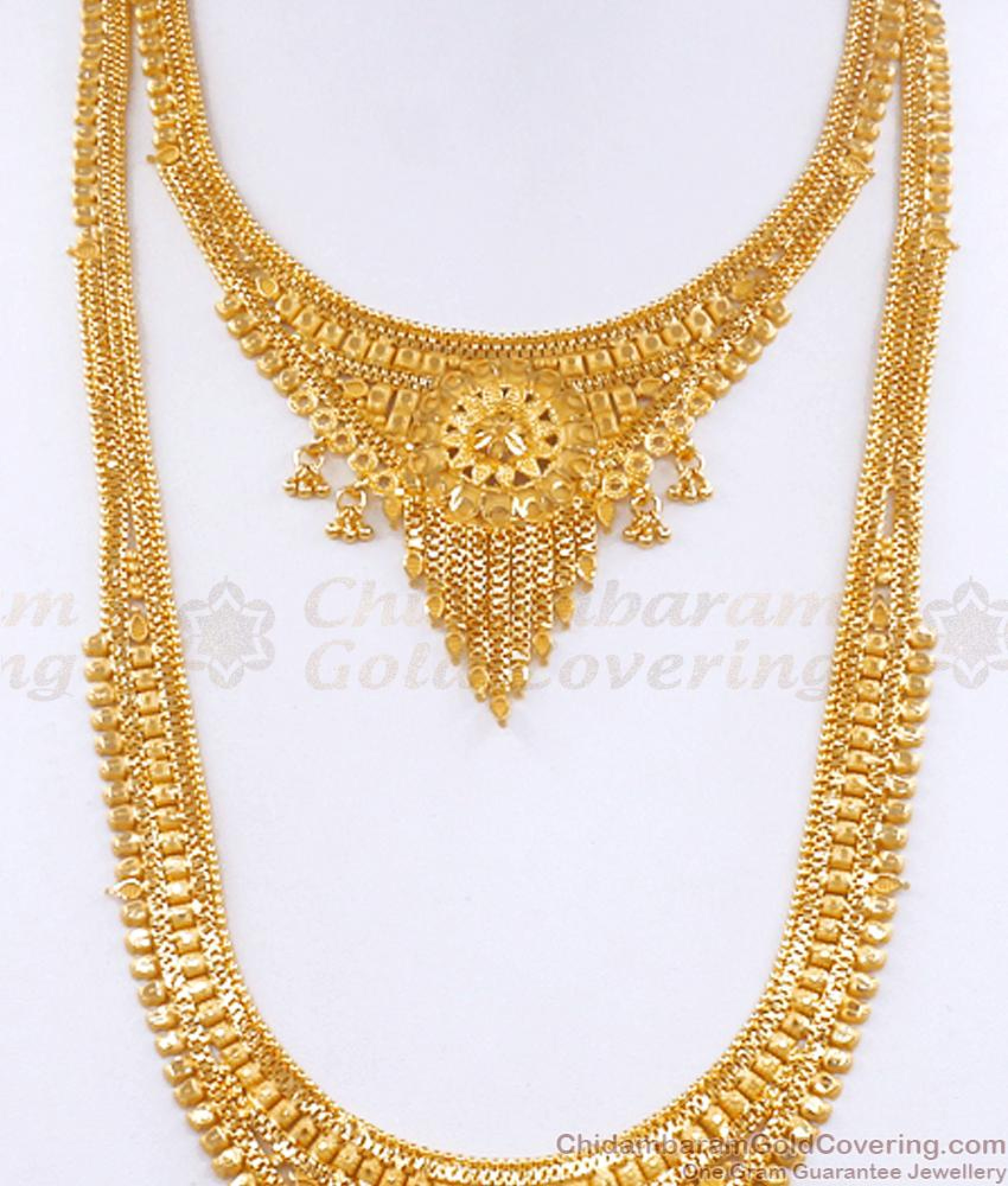 2 Gm Long Gold Haram Necklace Combo Set For Marriage HR2916
