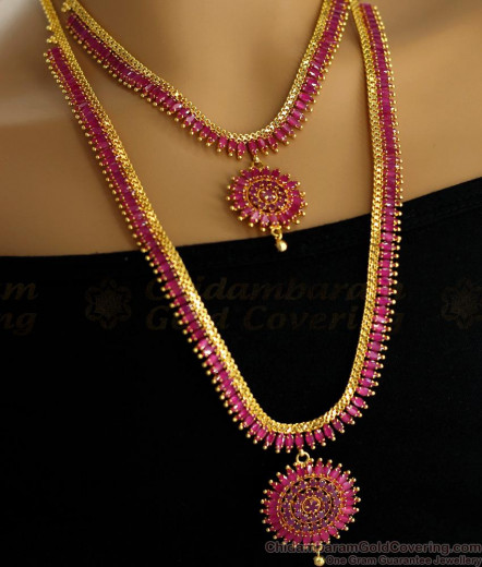Haaram and Necklace Combo Sets, Long Kasu Malai, Ruby Stone Gold Plated ...