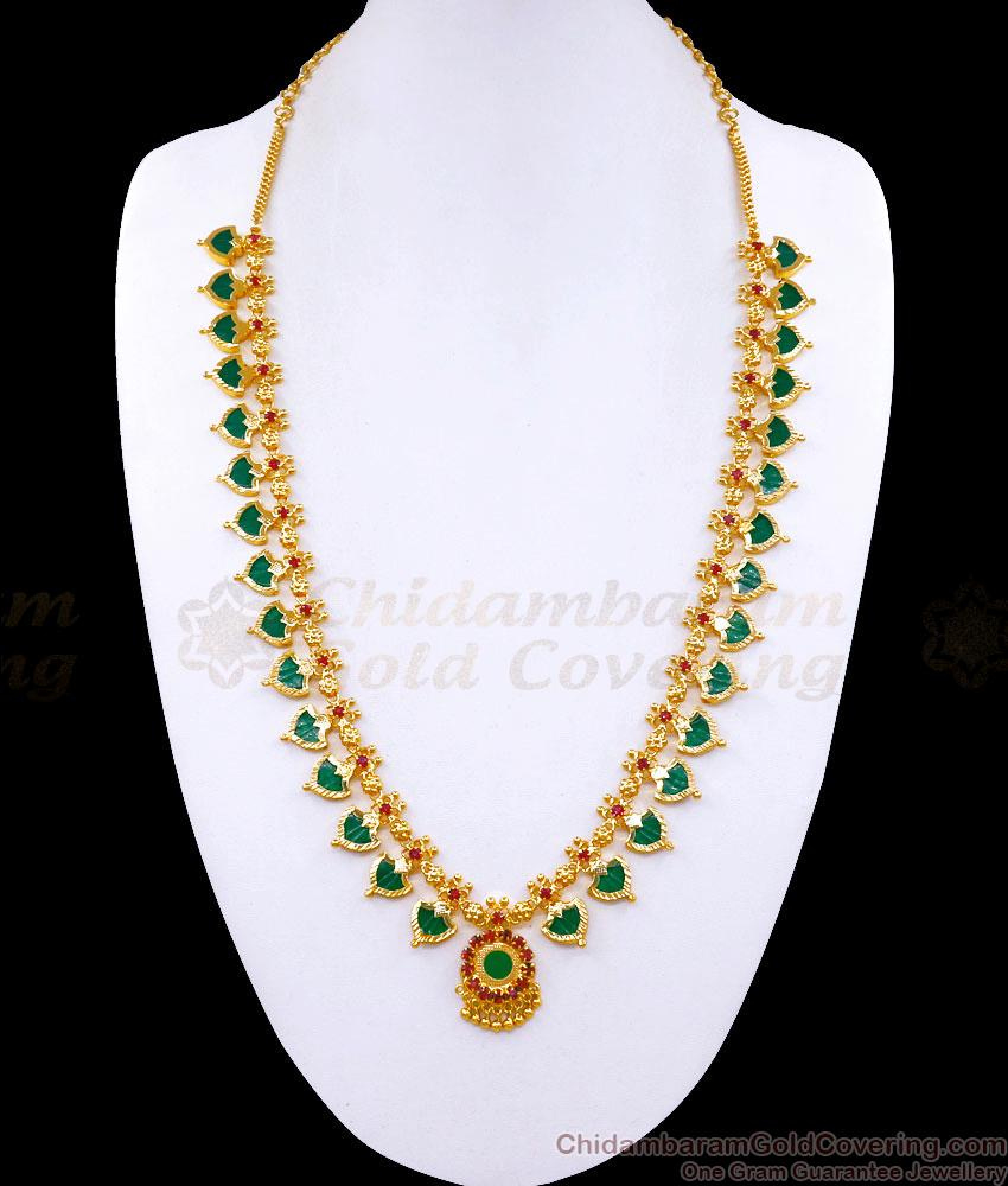Sparkling Pink Green Palakka Malai Gold Kerala Haram Collections HR3036