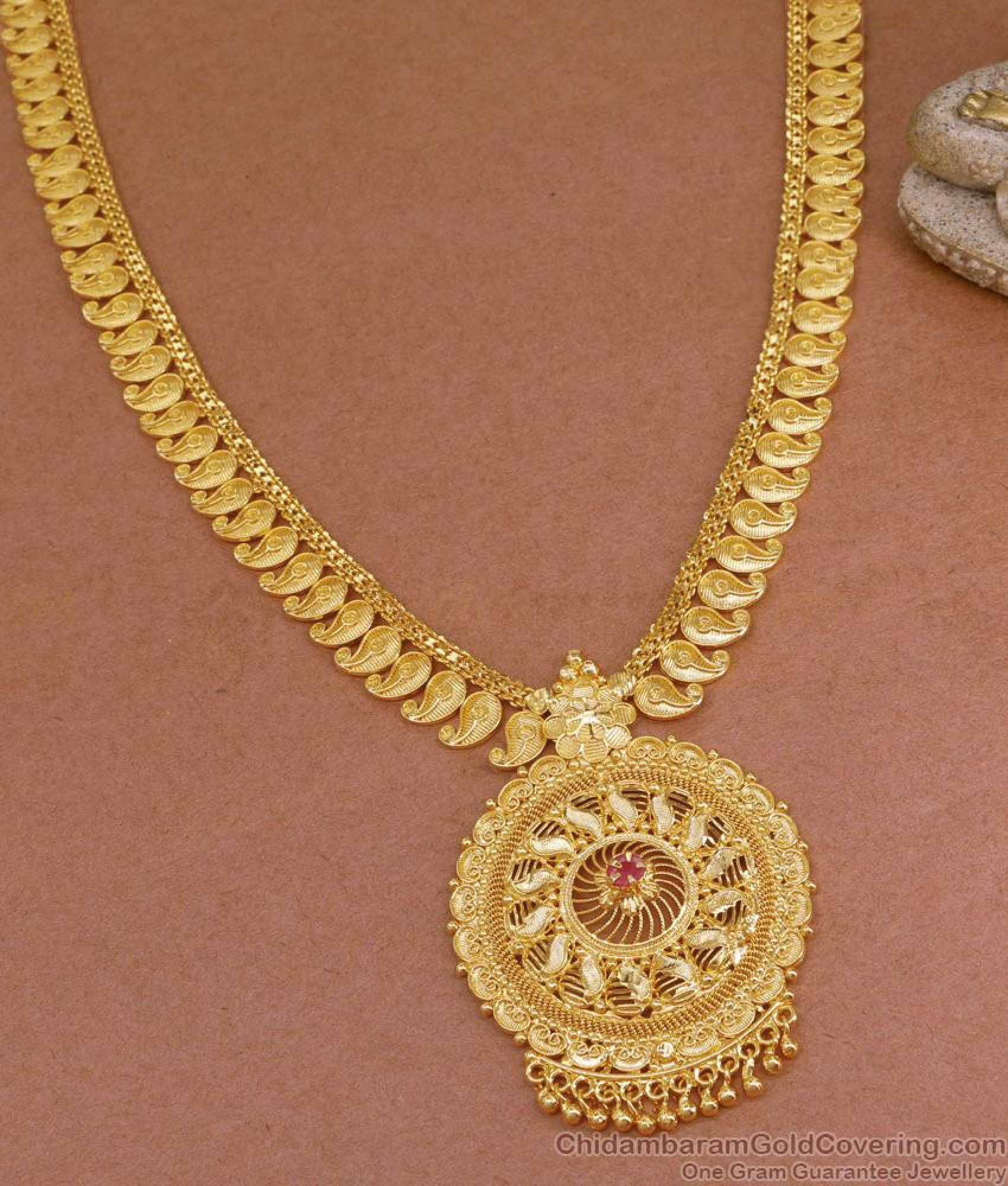 Stunning Long Gold Imitation Mango Haram With Ruby Stone For Marriage ...