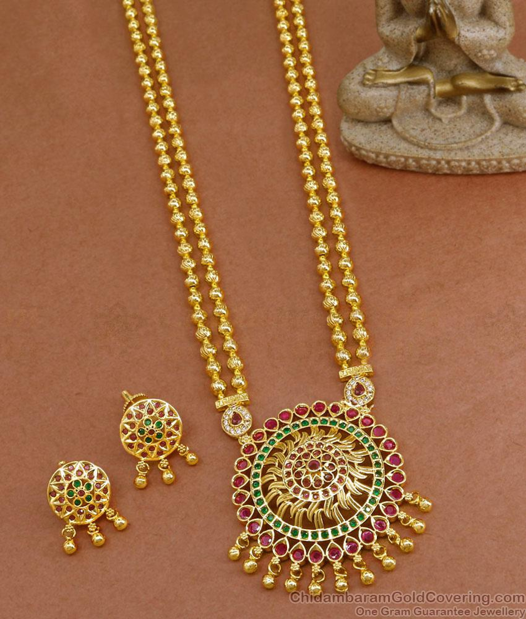 Latest Multi Line Gold Beaded Long Haram Multi Stone Round Pendant ...