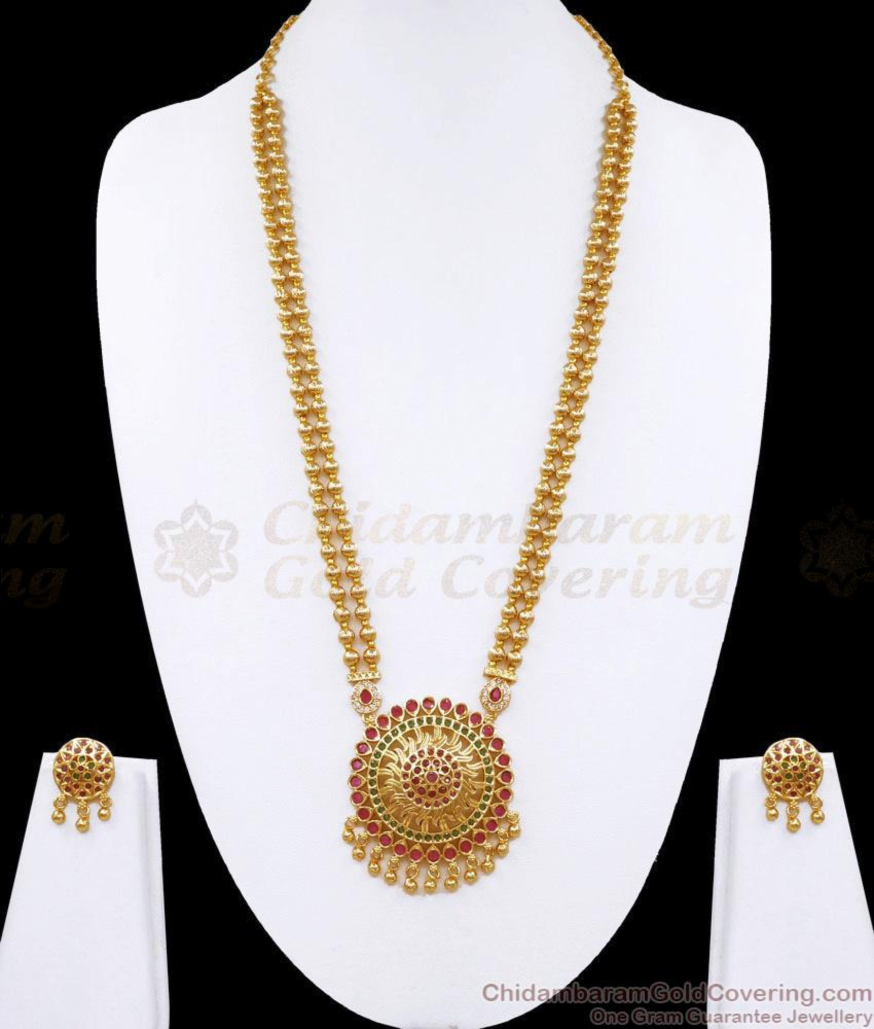 Latest Multi Line Gold Beaded Long Haram Multi Stone Round Pendant ...