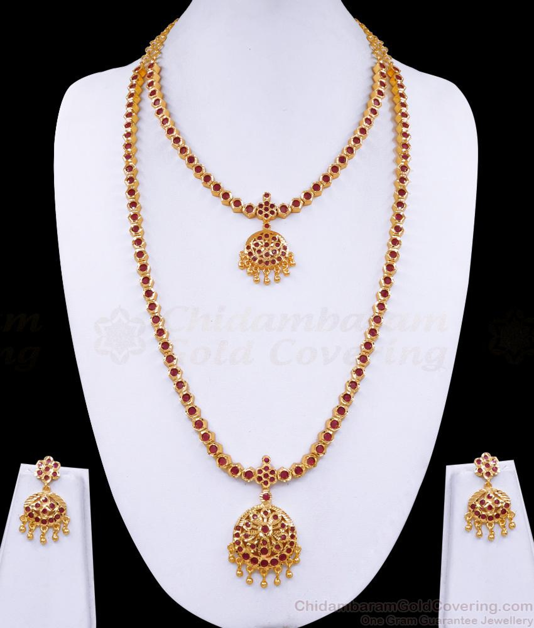 Latest Full Ruby Stone Impon Long Haram Necklace Set For Brides HR3206