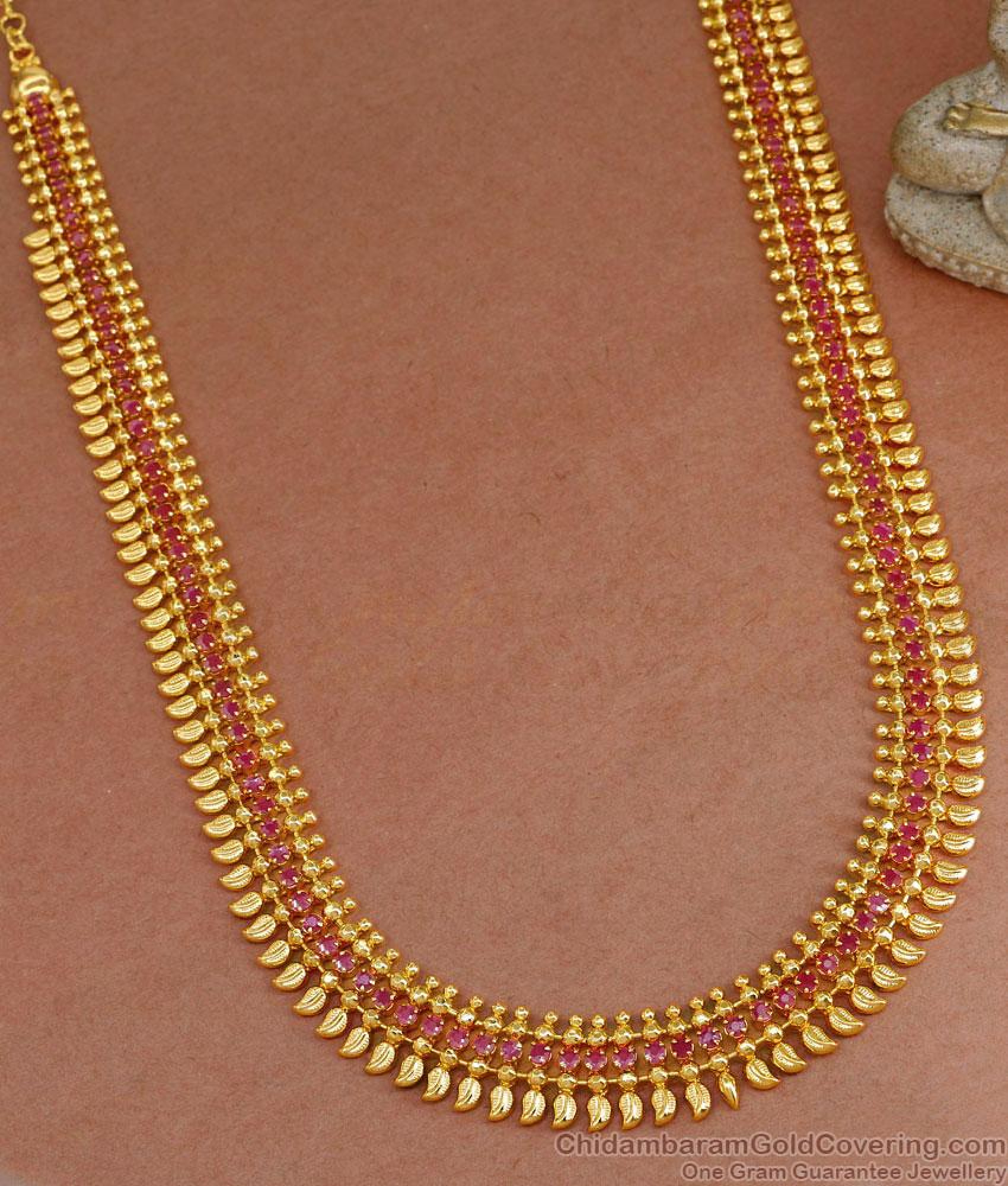 Full Ruby Stone Mullaipoo Malai Gold Plated Long Haram HR3251
