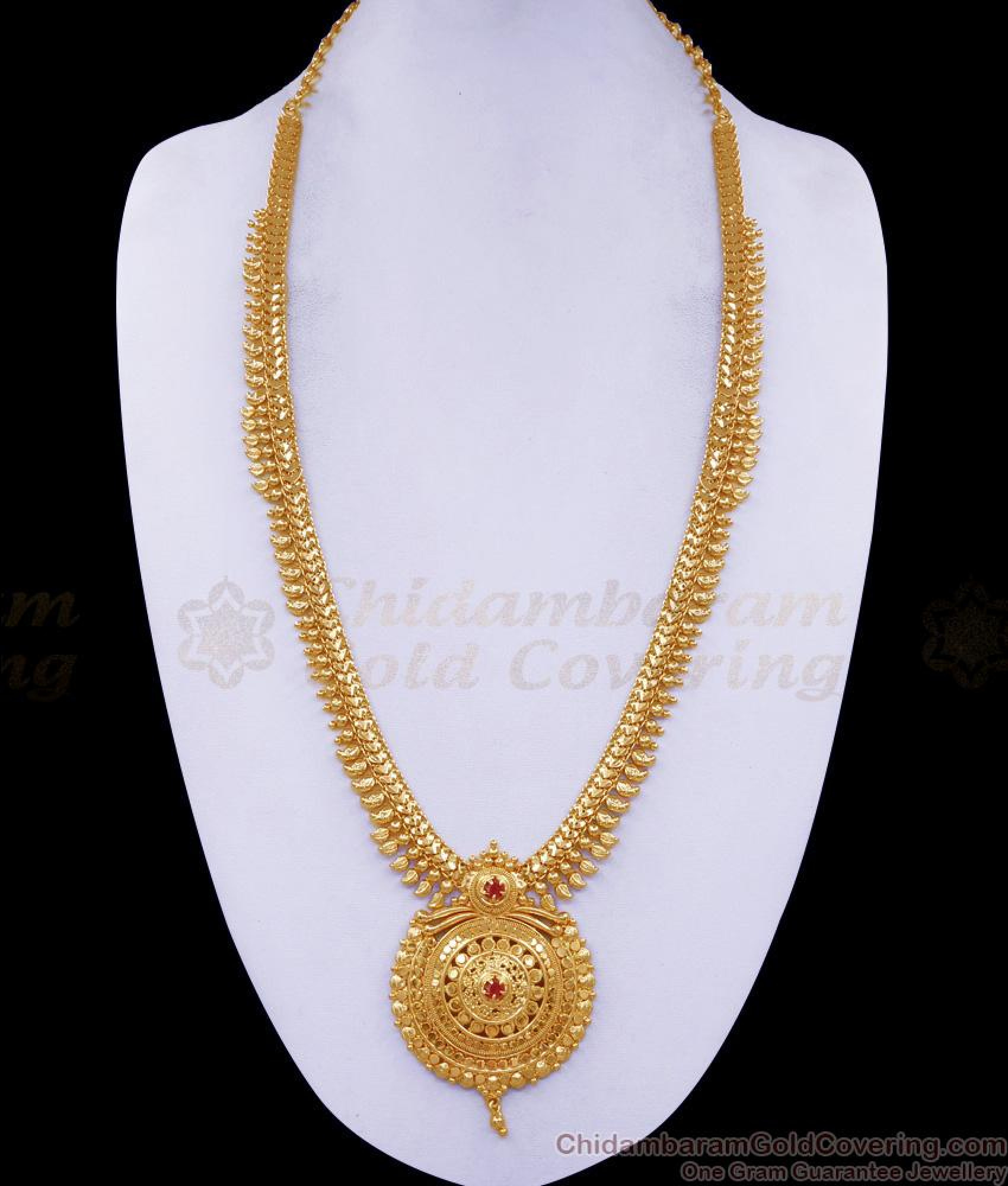 Real Gold Design Kerala Wedding Haram Mango Pattern With Ruby Stone HR3373