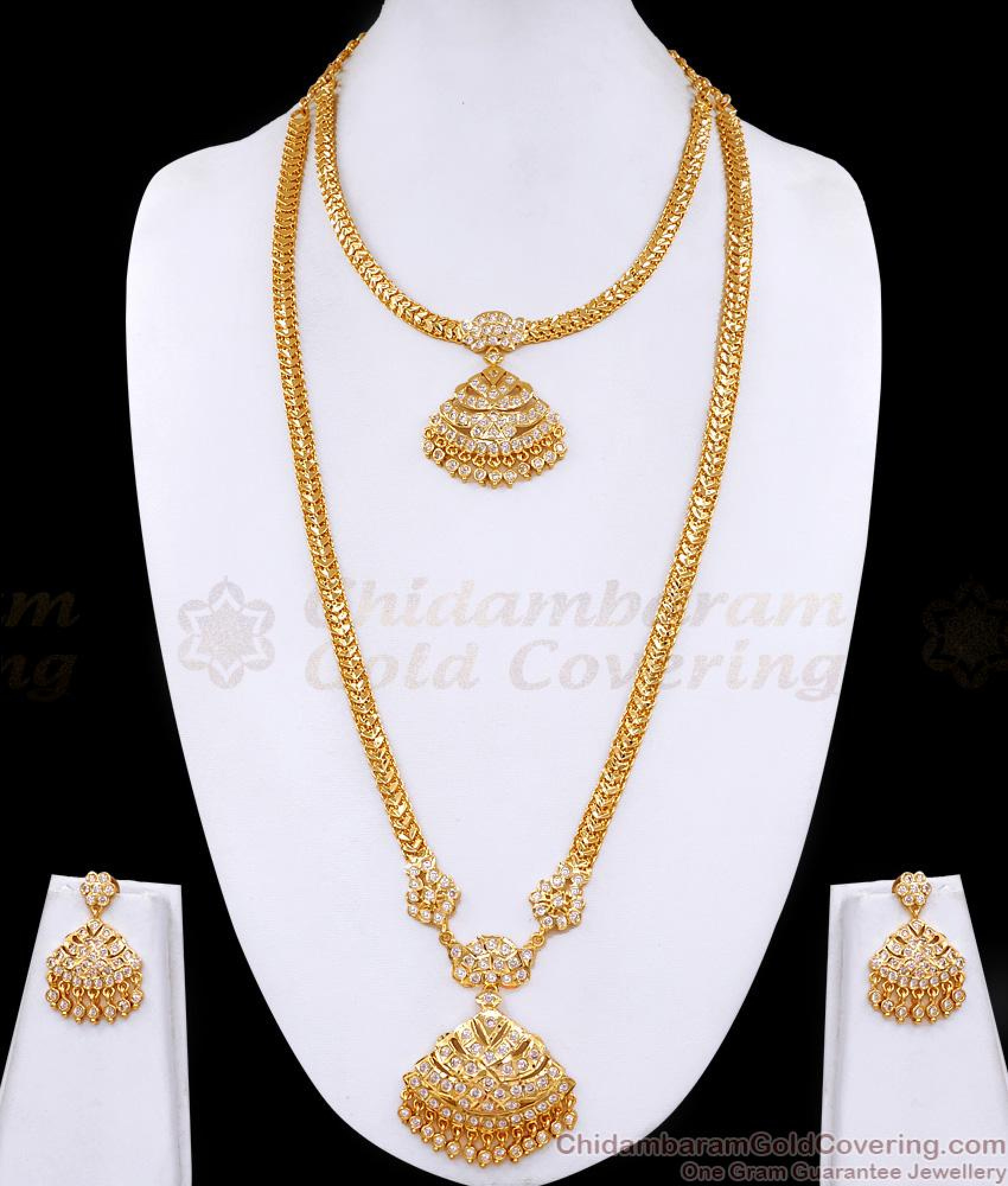 Premium Quality Full White Stone Impon Panchaloha Long Haram Necklace ...