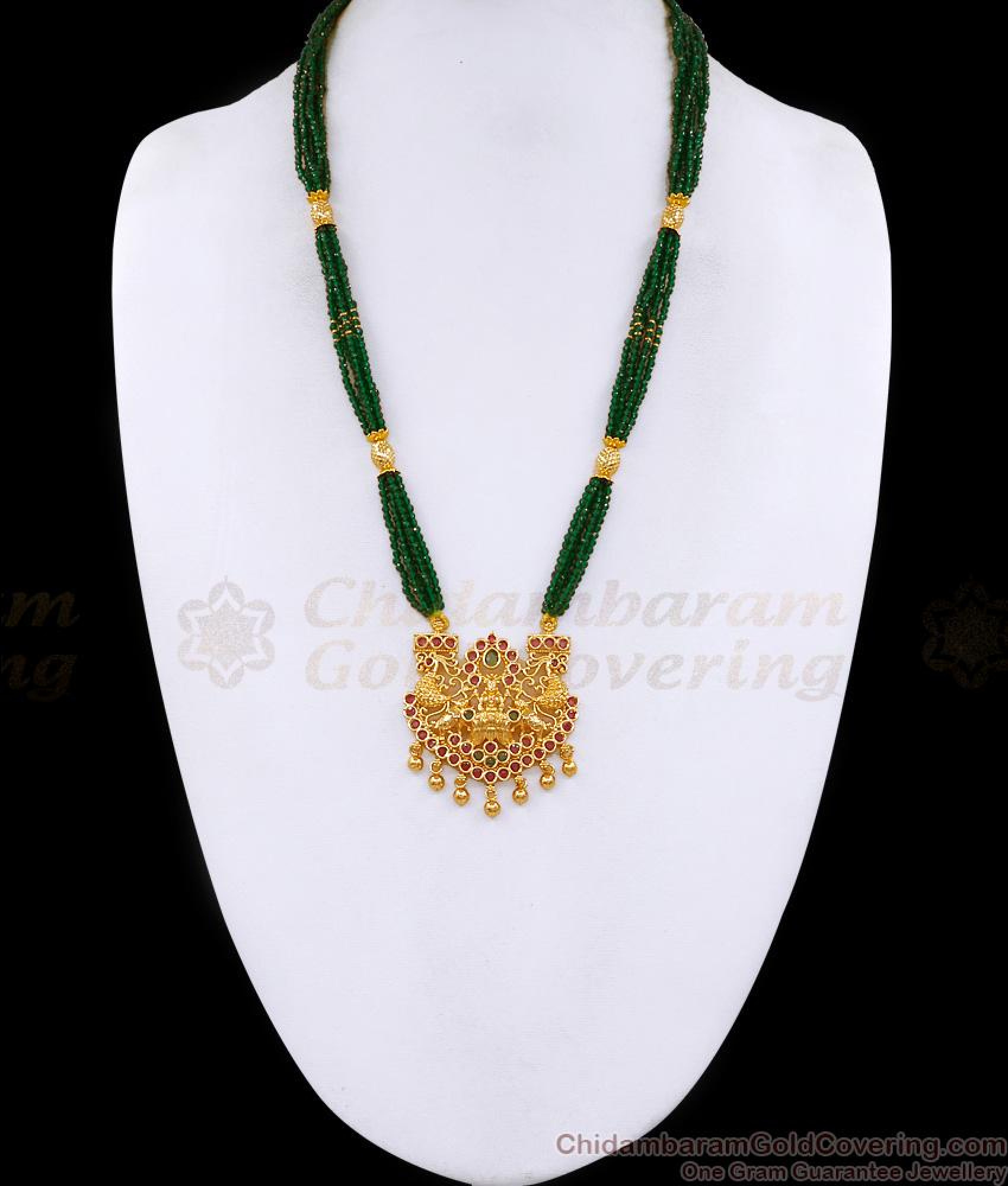 Beautiful Jaipuri Style Green Beads Gold Haram Lakshmi Design Online HR3438