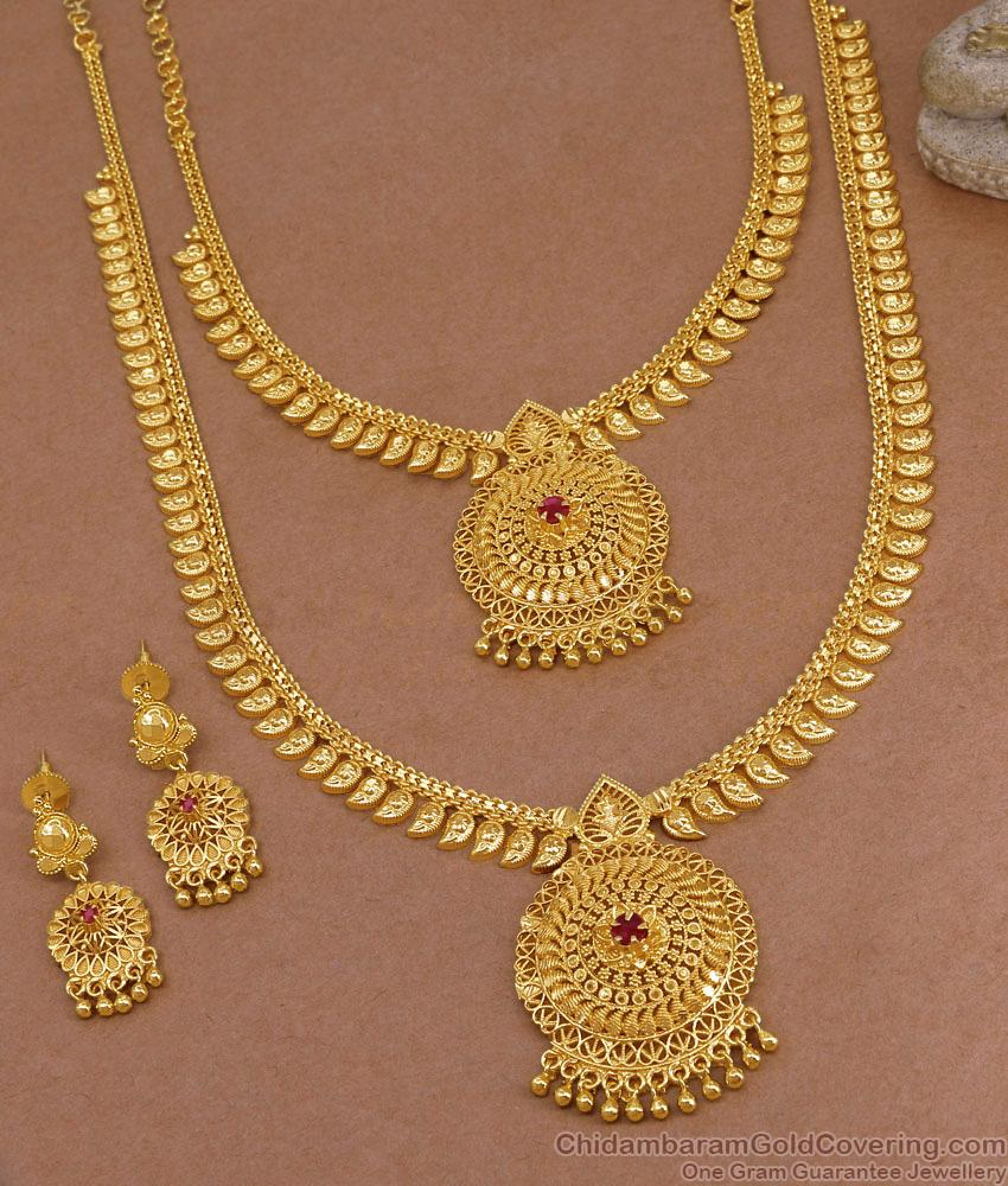 Real Gold Design Mango Design Haram Necklace Combo With Ruby Stone HR3498