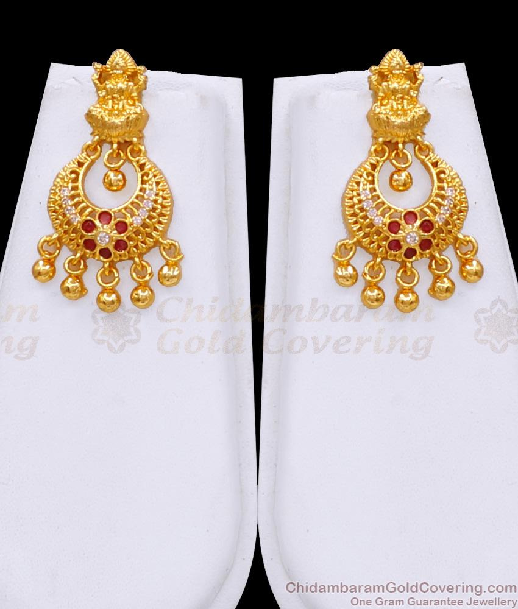 Traditional Temple Design Ruby White Stone Gold Plated Long Haram Set ...