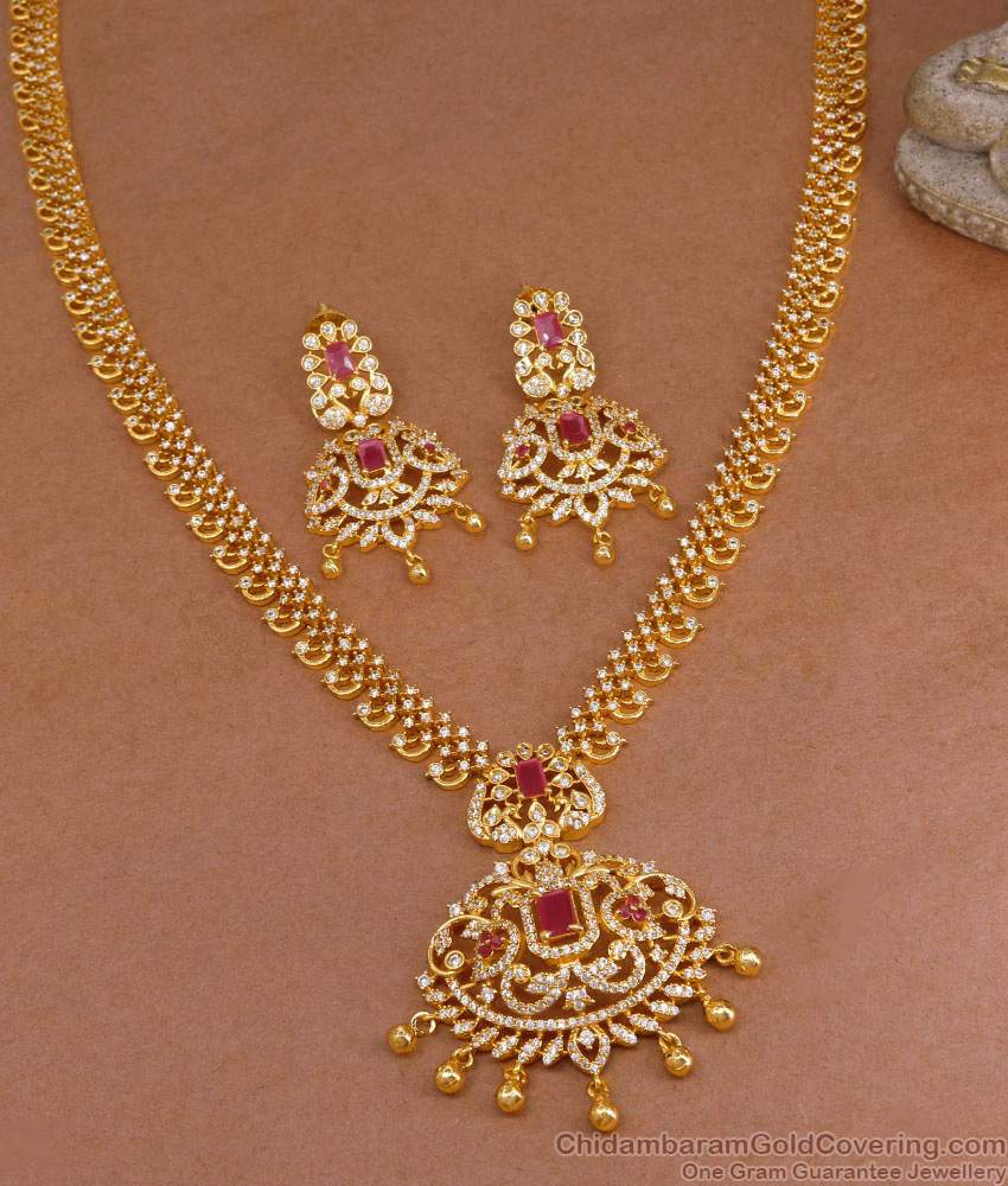 Stylish Ad Stone Gold Imitation Haram Earring With Ruby Gemstone HR3529