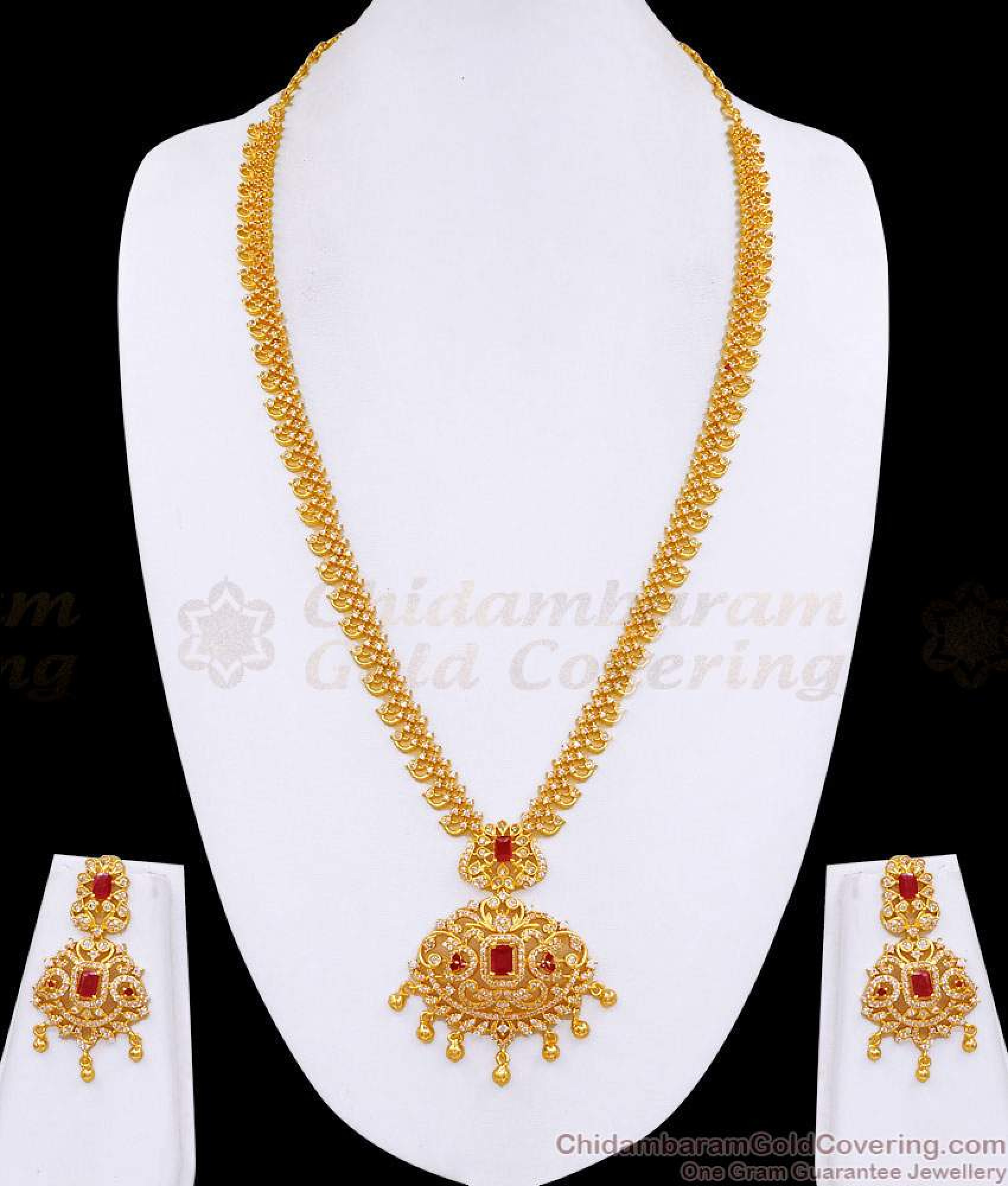 Stylish Ad Stone Gold Imitation Haram Earring With Ruby Gemstone HR3529