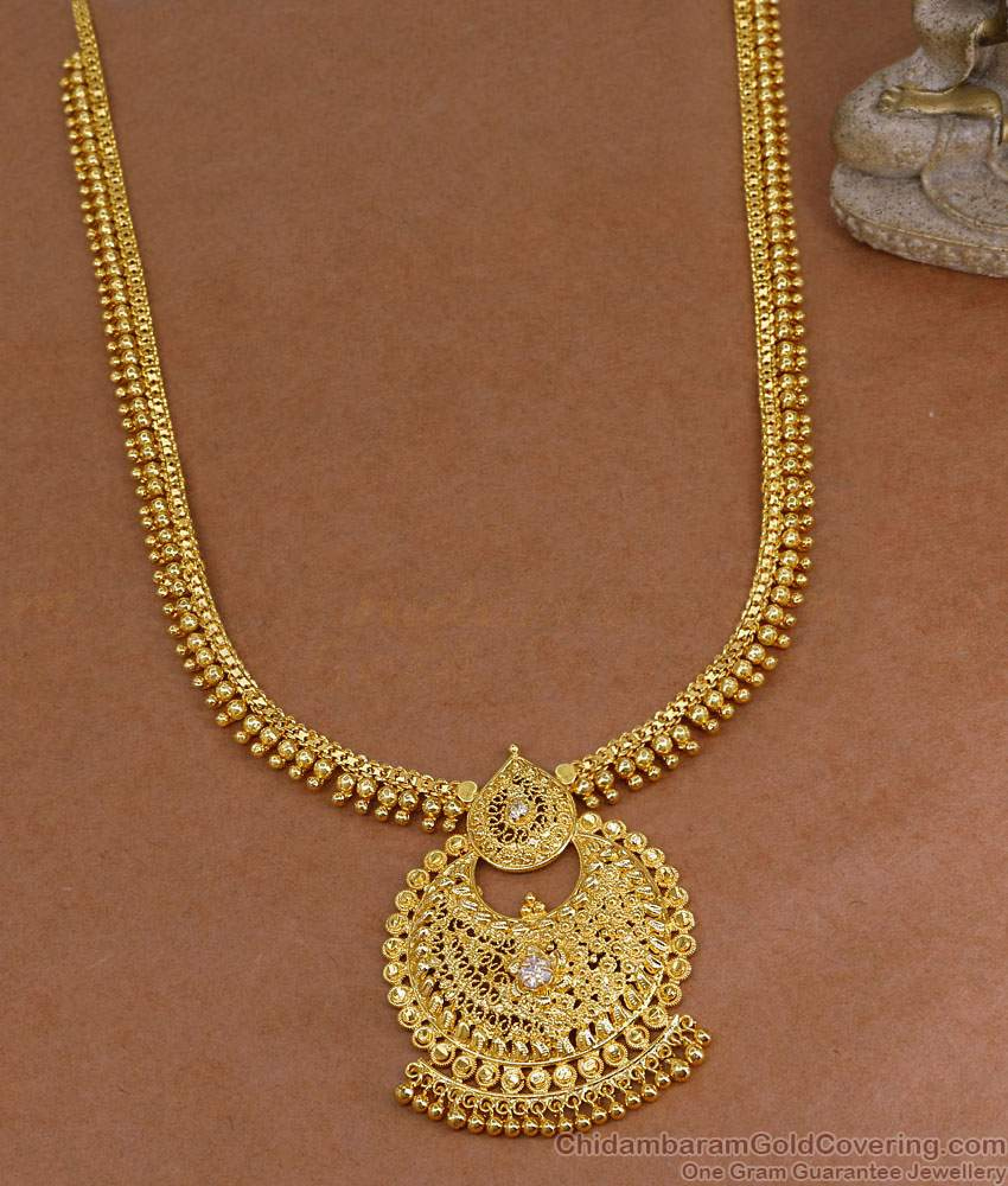 Beautiful White Stone Gold Plated Long Haram Collection For Wedding HR3562