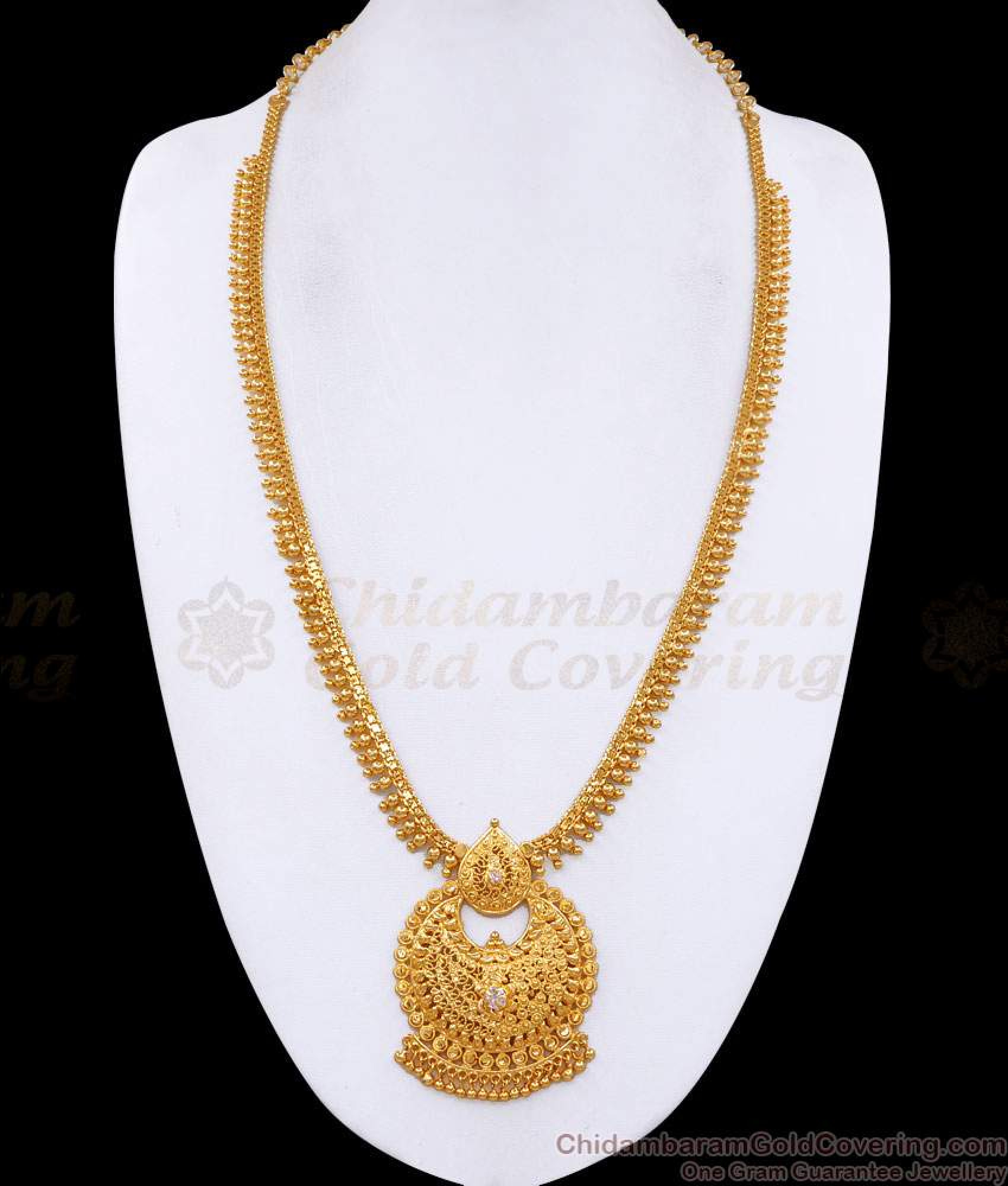 Beautiful White Stone Gold Plated Long Haram Collection For Wedding HR3562