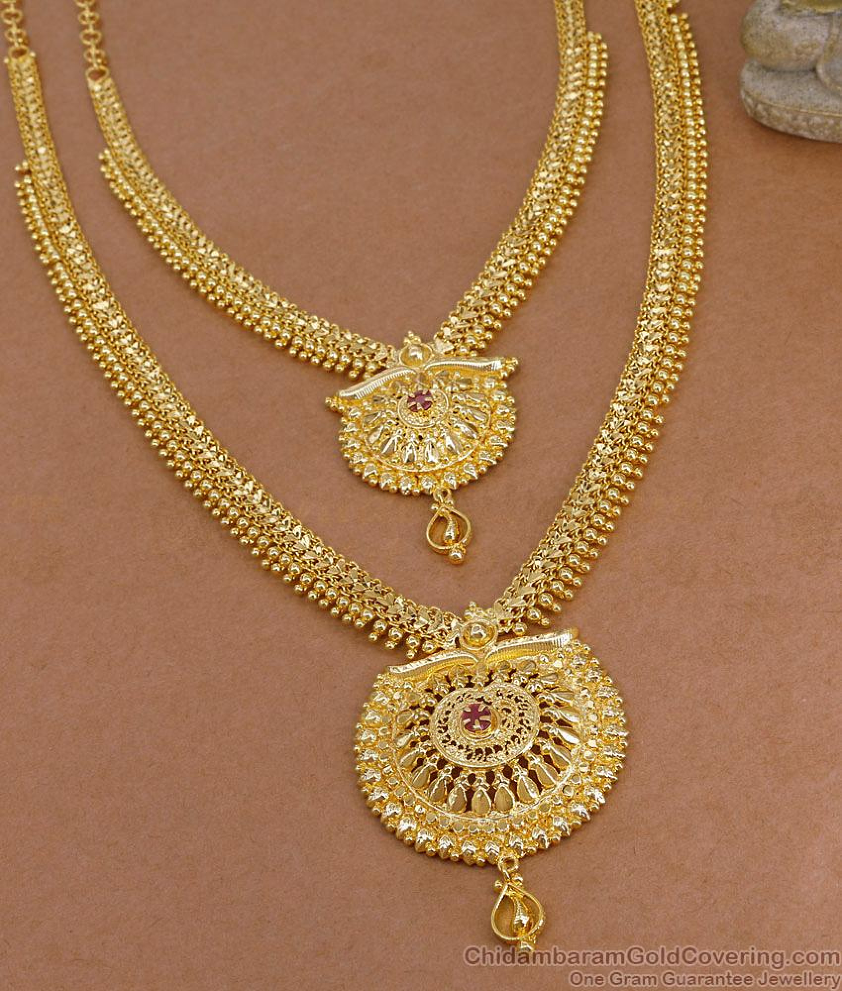 Beautiful Gold Beaded Ruby Stone Haram Necklace Combo Bridal Set HR3608