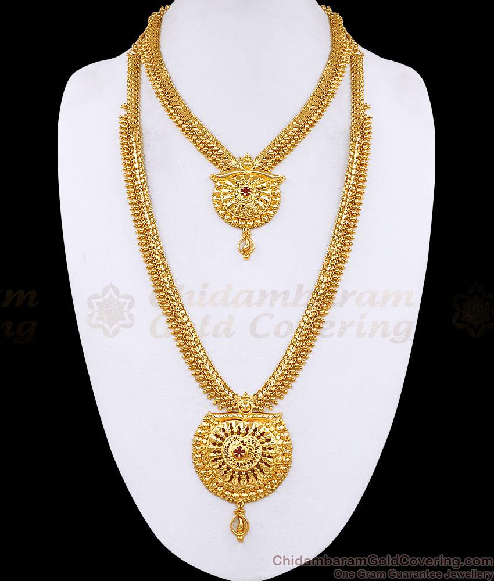 Beautiful Gold Beaded Ruby Stone Haram Necklace Combo Bridal Set HR3608
