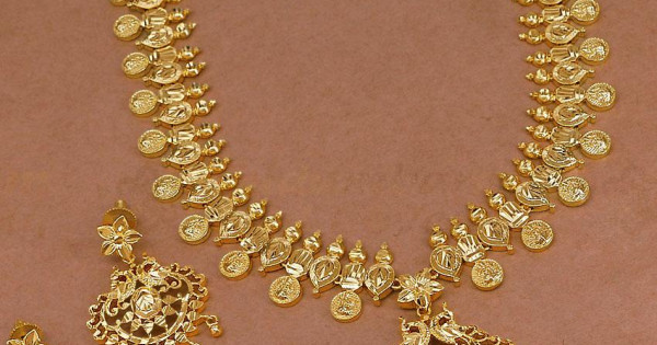 Real Gold Tone Lakshmi Coin Haram Combo Set Temple Wear Jewelry HR3764
