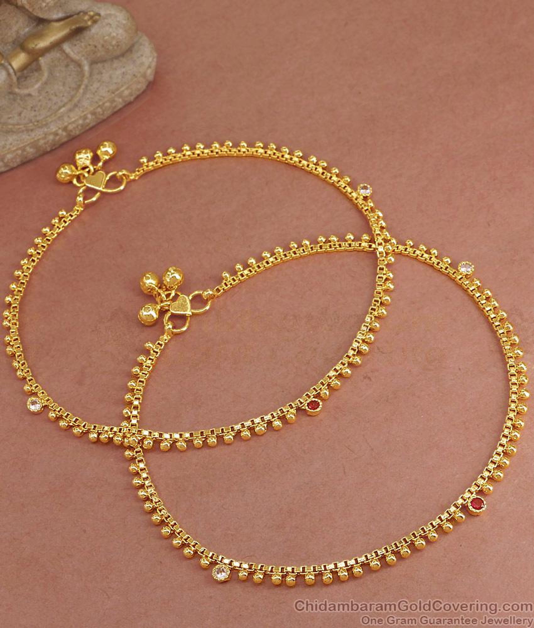 10.5 Inch Simple Gold Designer Payal Ruby White Stone Anklet ANKL1231