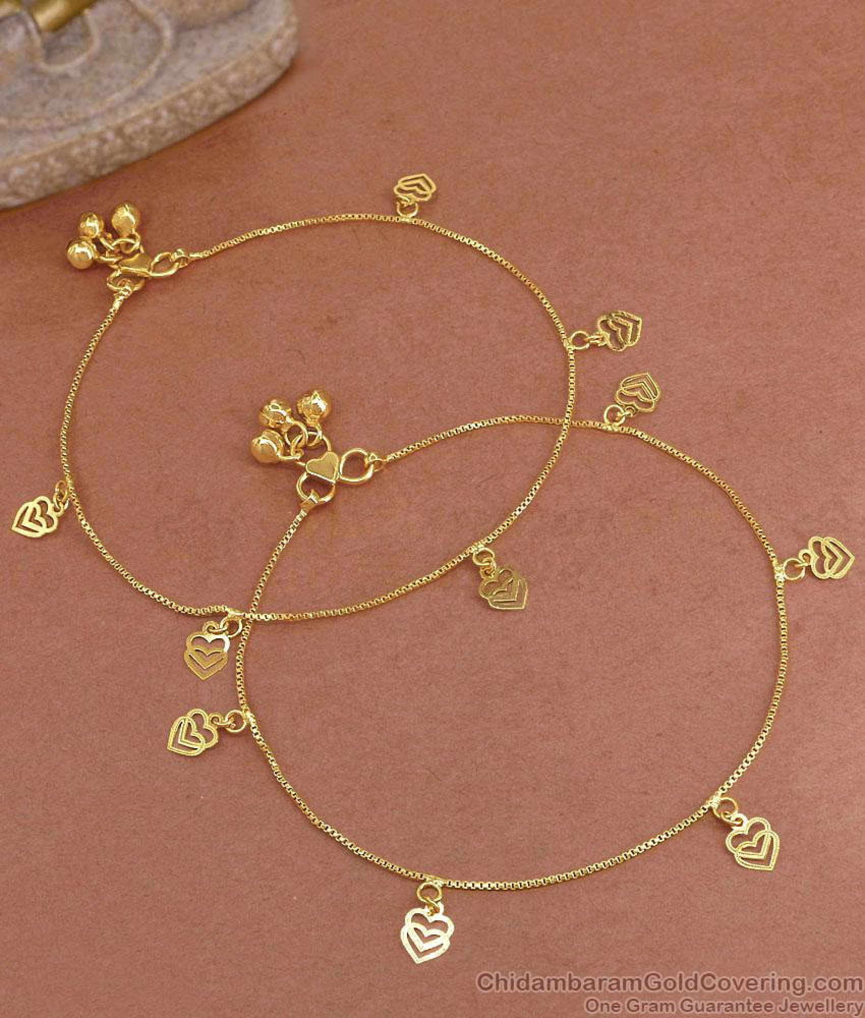 11 Inch Thin Gold Plated Chain Anklet With Dual Heart Charms ANKL1241