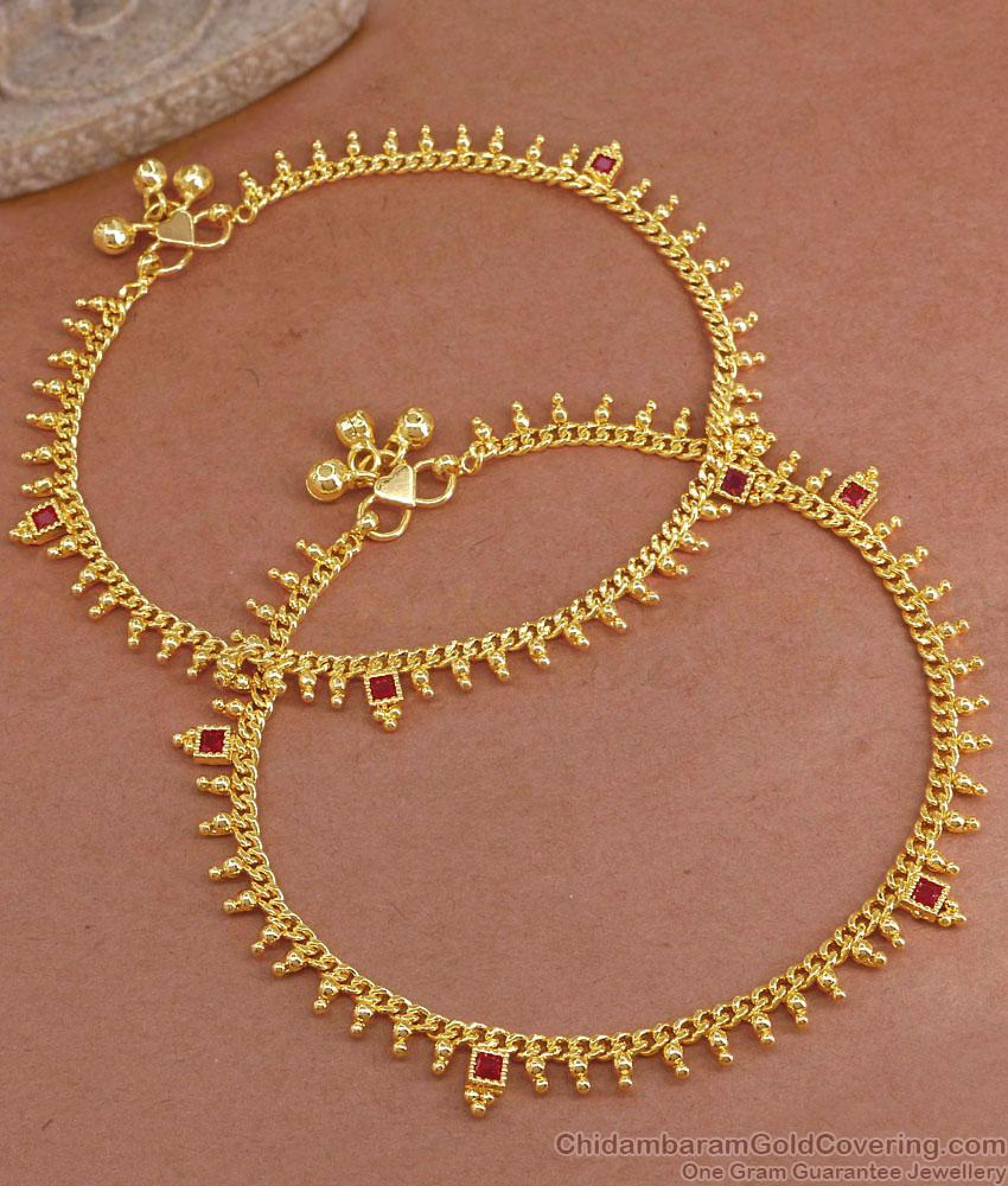 11 Inch Modern 1 Gram Gold Ruby Stone Anklet Design With Price ANKL1246