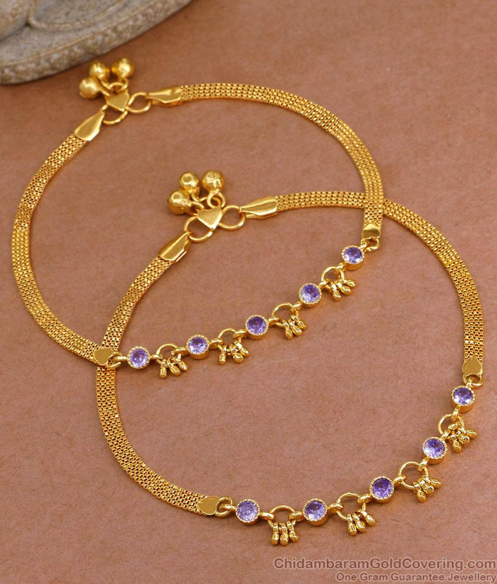 10 Inch Attractive Flat Gold Imitation Anklet Design With Amethyst ...