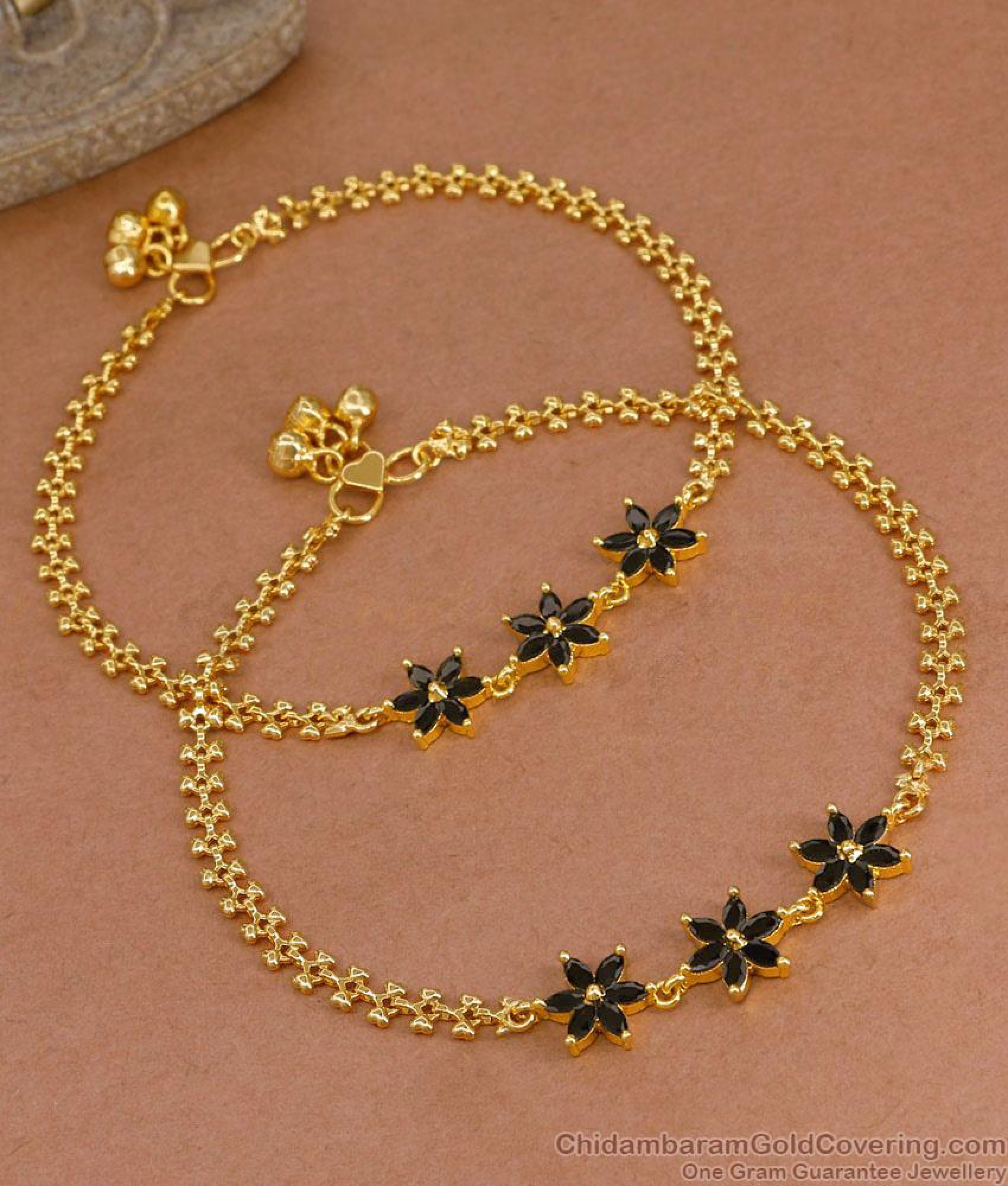 11 Inch Floral Micro Gold Plated Black Stone Anklet Evil Eye Payal ...