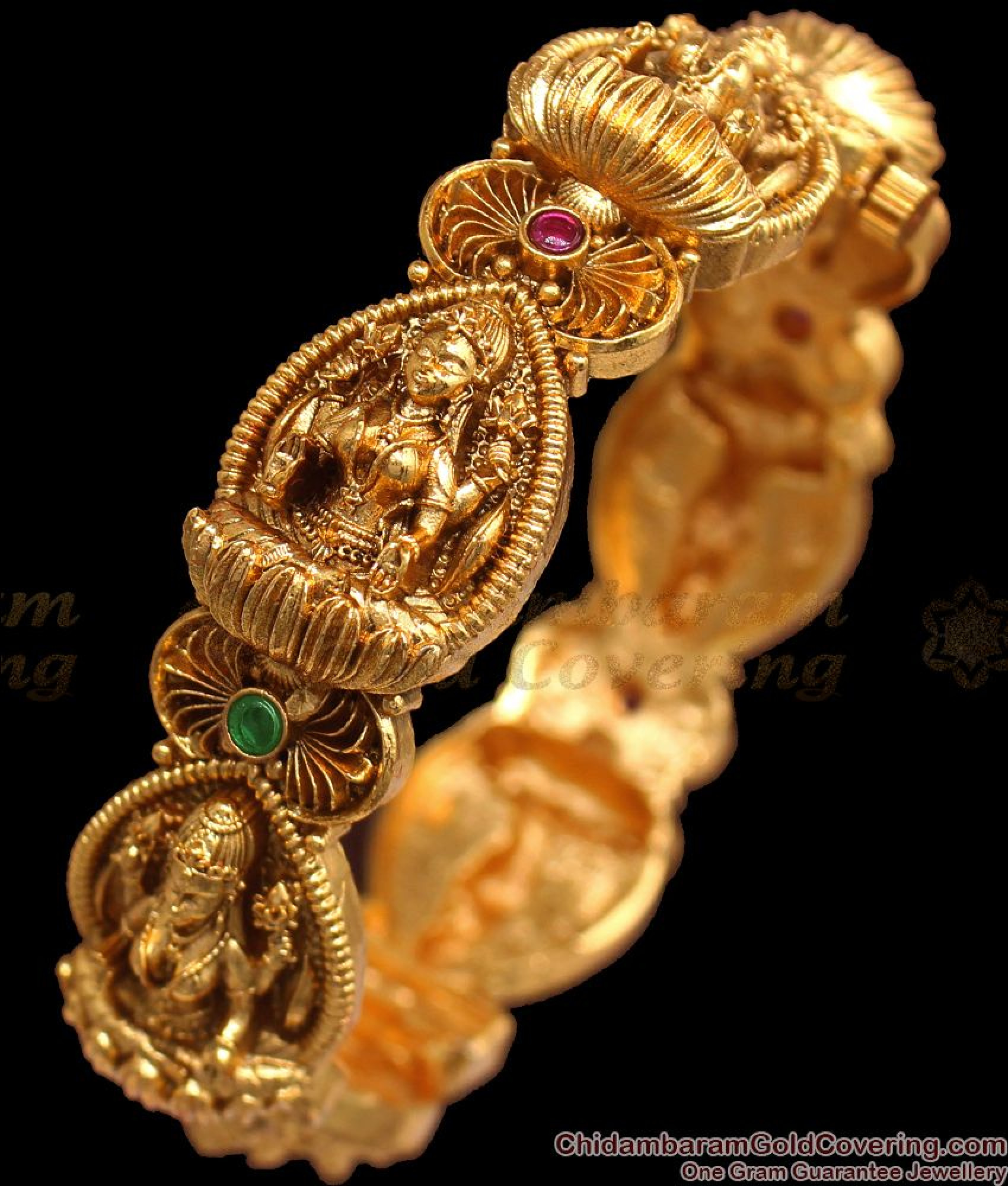 BR1881-2.8 Size Emerald Ruby Premium Antique Gold Bangles Nagas Temple ...
