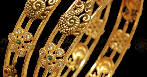 BR2155-2.4 Size Premium Gold Mix Antique Bangles Peacock Design Offer Price