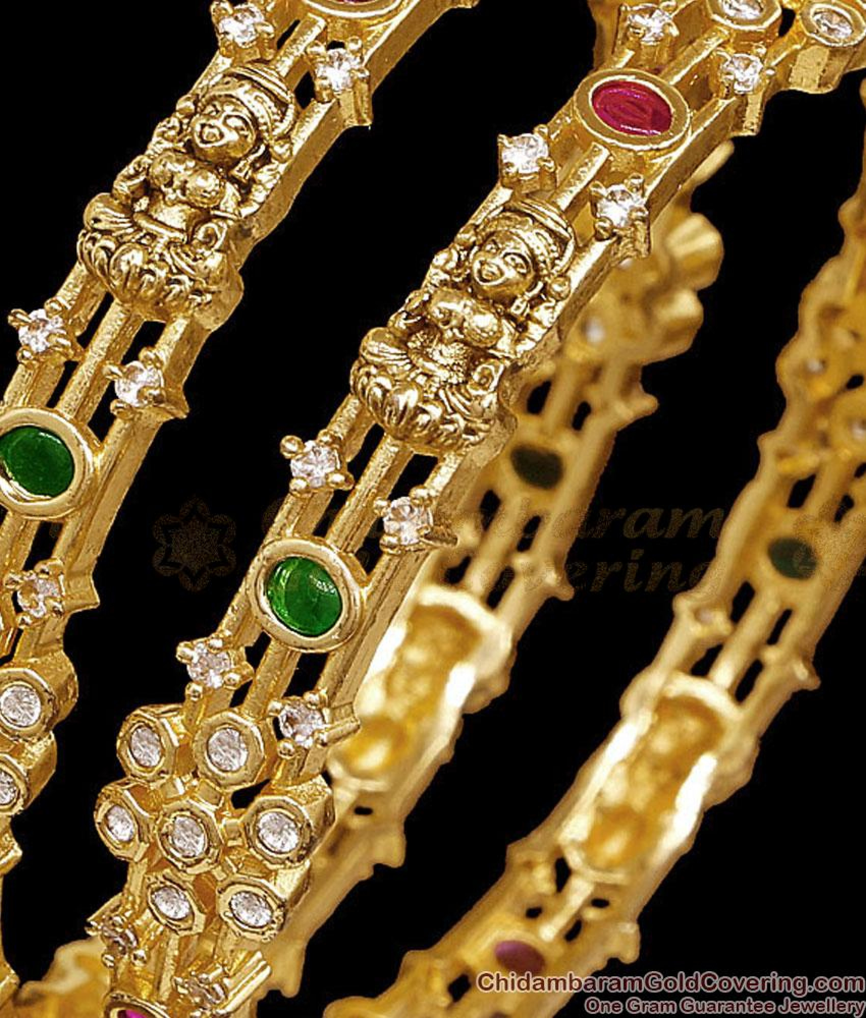 BR2802-2.10 Size Antique Matte Finish Gold Lakshmi Bangle With Stones