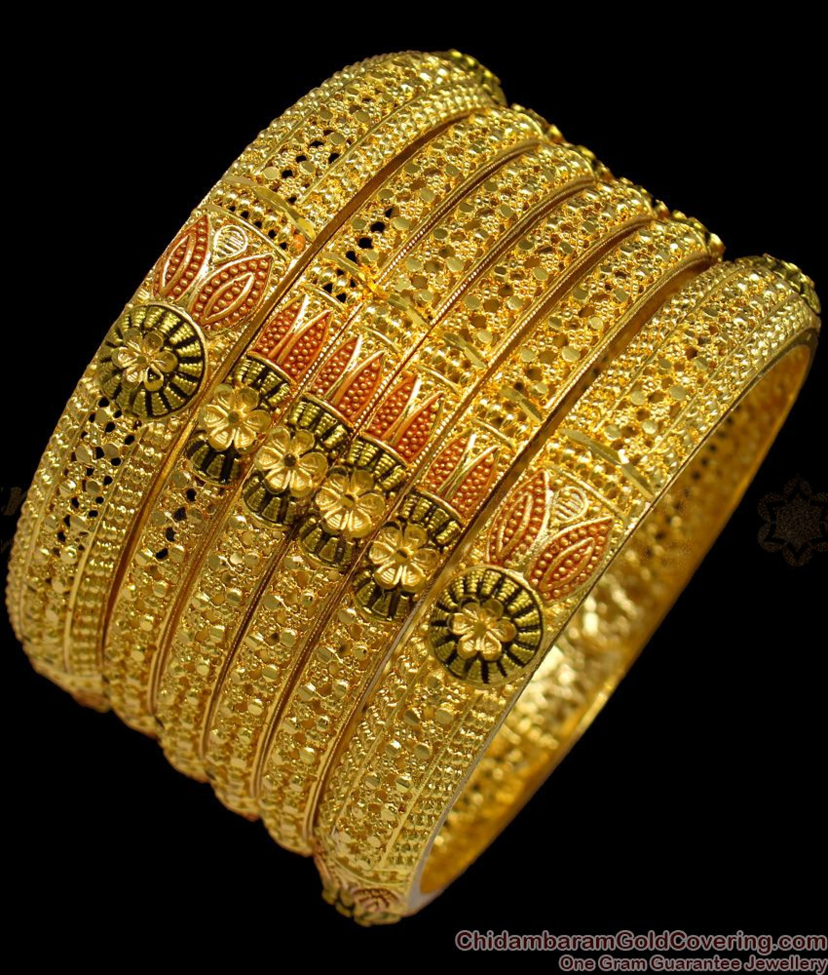 BR1268-2.4 Set Of Six 3D Flower Pattern Gold Forming Bangles For ...