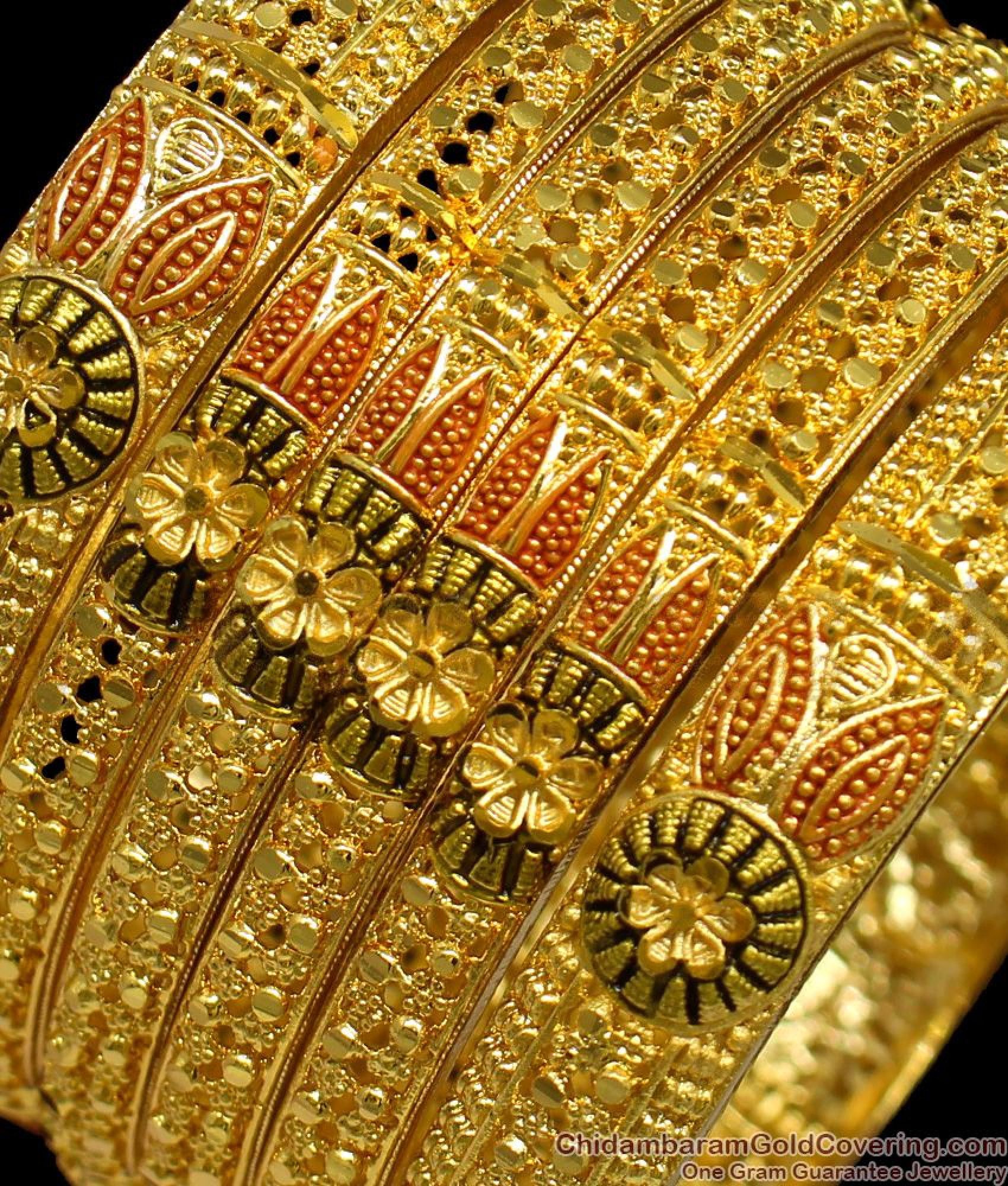 BR1268-2.4 Set Of Six 3D Flower Pattern Gold Forming Bangles For ...