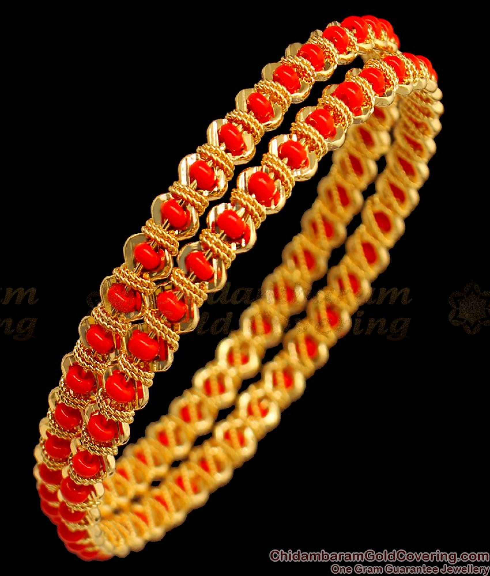 BR1403-2.10 Red Corel Gold Plated Pavala Bangles Jewelry For Ladies