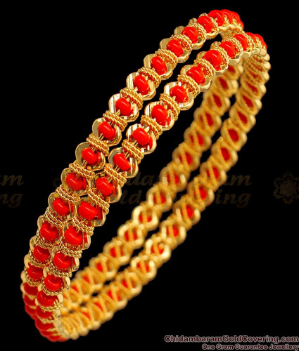 BR1403 2.4 Red Coral Gold Plated Pavalam Bangles Jewelry For Ladies