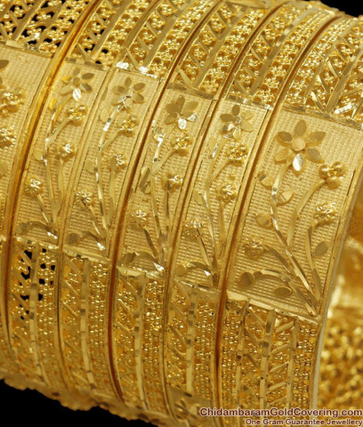 BR2060-2.6 Premium Bridal 6 Set Gold Bangles Flower Pattern For Marriage
