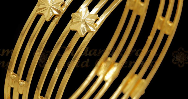 BR2160-2.4 Size Set Of Two Gold Plated Bangle 3 Line Floral Design