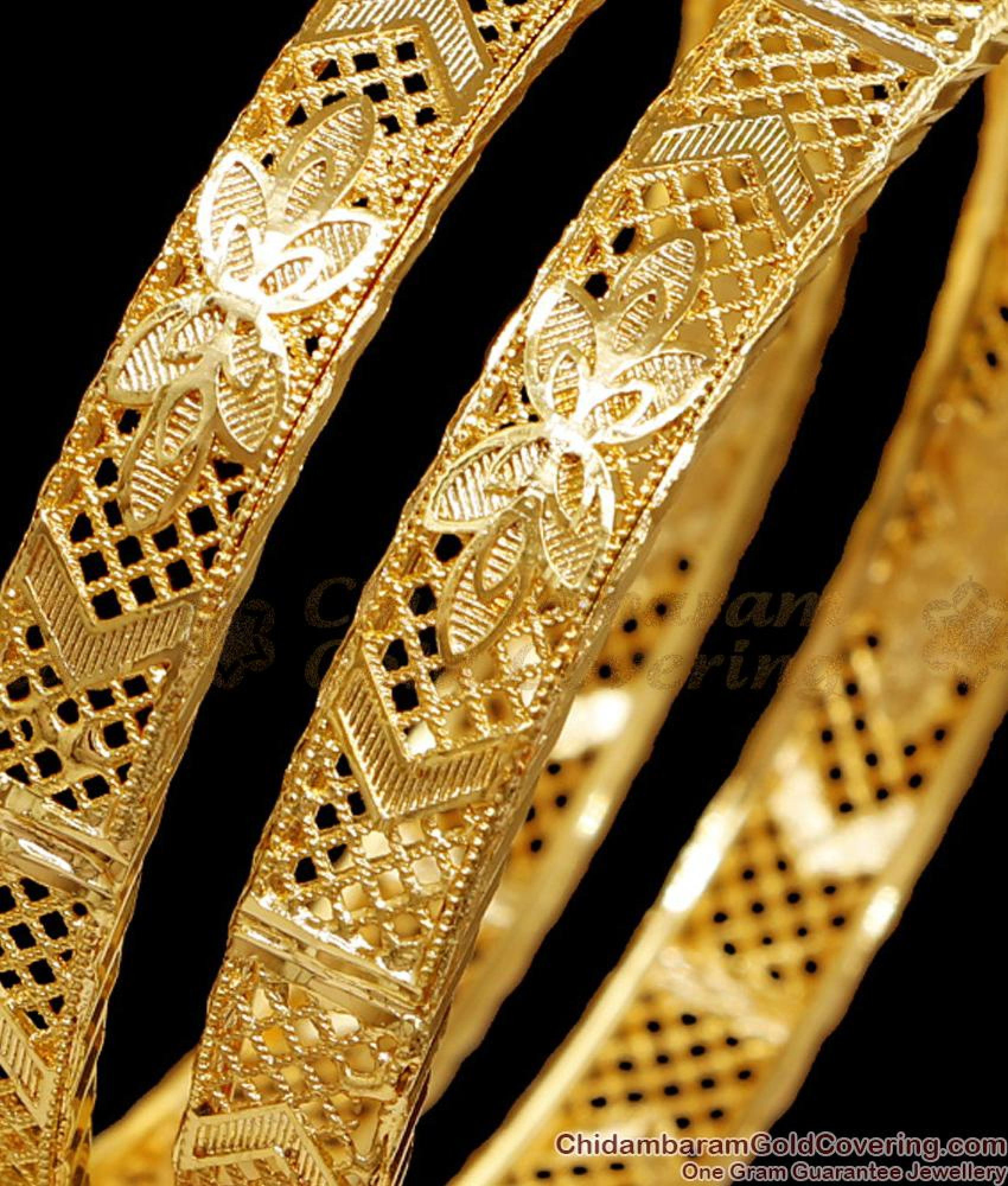 BR2601-2.8 Two Set Classic One Gram Gold Bangle Floral Design Without Stone