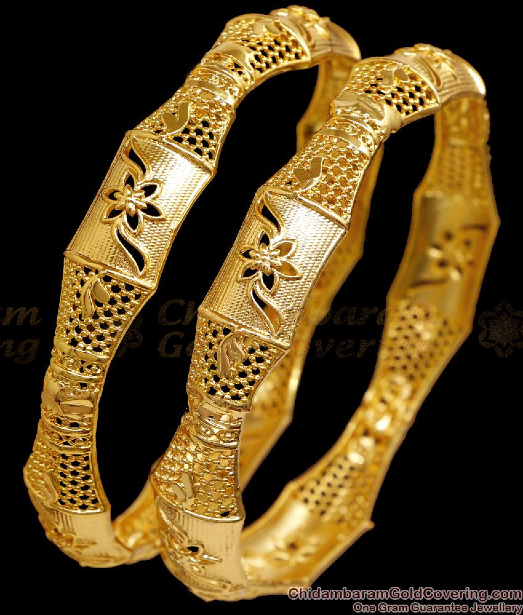 BR2610-2.4 Set Of Two Traditional Flower Design Gold Plated Bangle ...