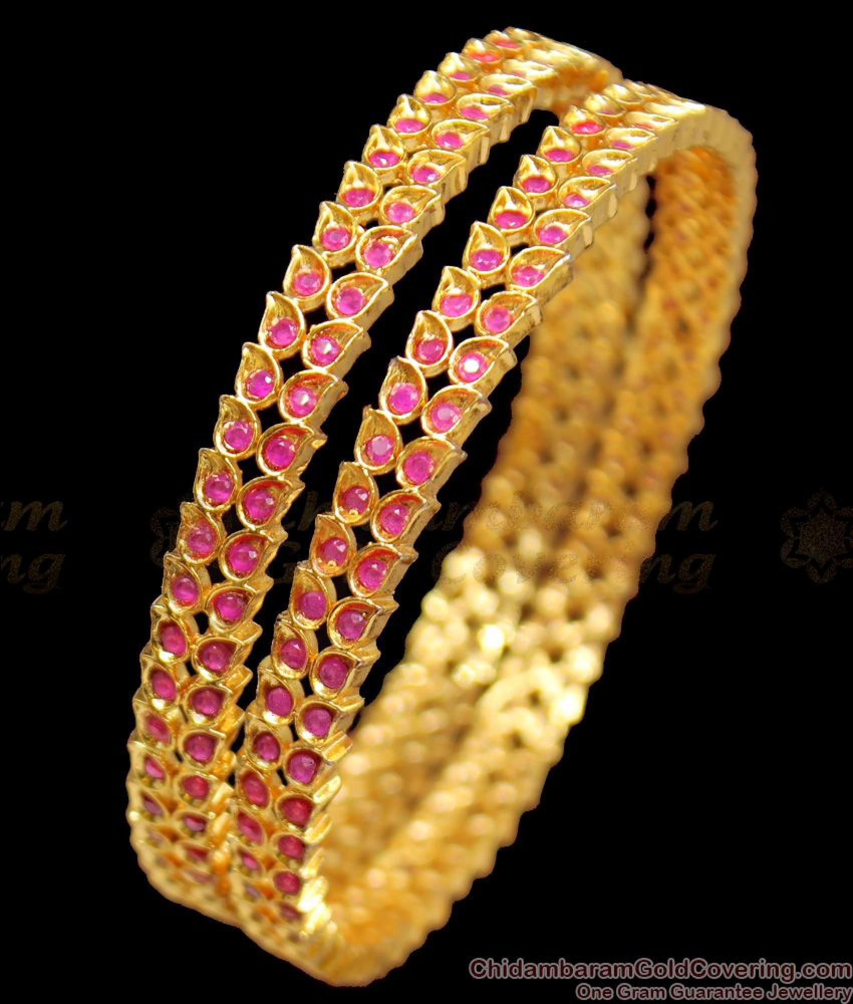 BR1139-2.4 Attractive Flower Model Full Ruby Stone Gold Plated Bangles ...