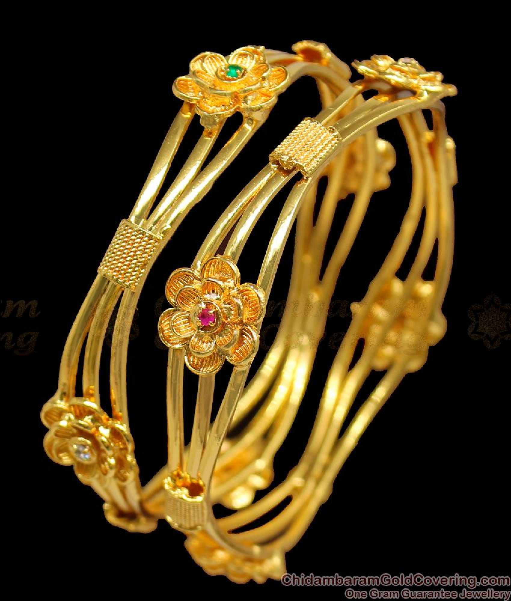 BR1167-2.4 Trendy One Gram Gold Flower Pattern Bangles For Modern Attire