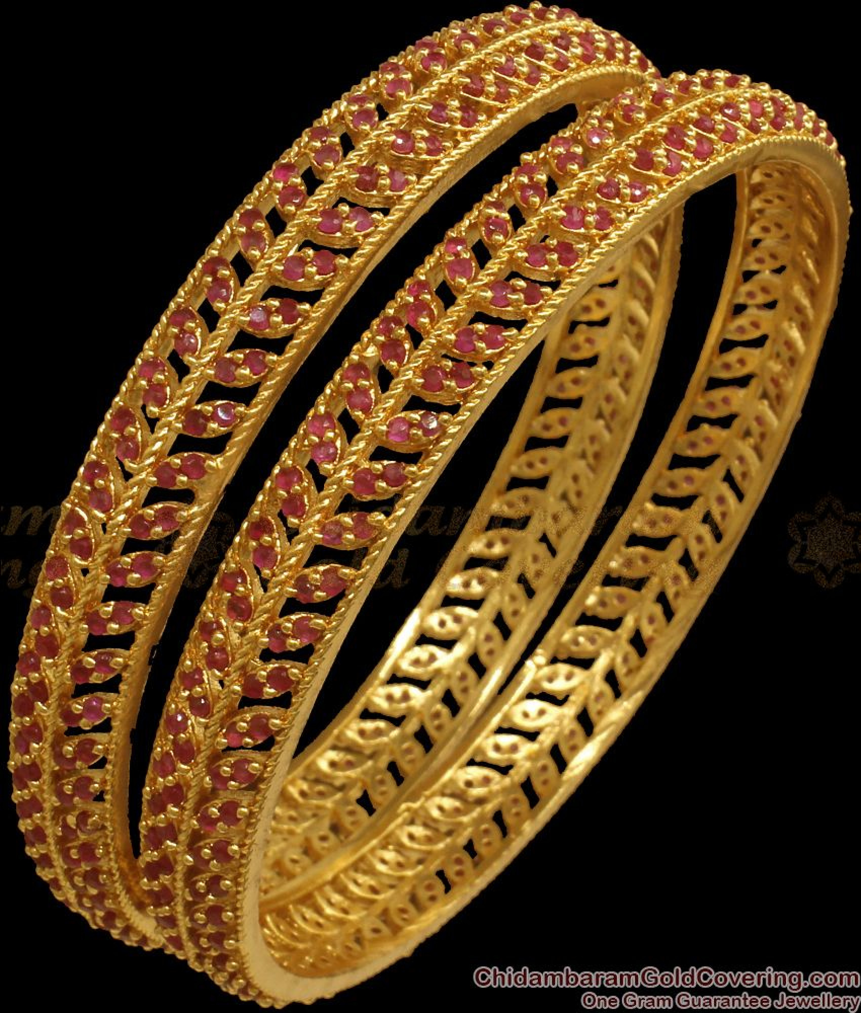 BR1947-2.6 Size Leaf Design One Gram Gold Bangle With Ruby Stone