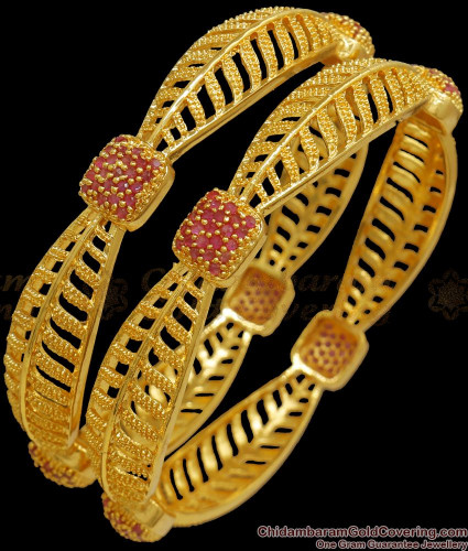BR2019 2.4 Size One Gram Gold Bangle Leaf Design Ruby Stone Collections