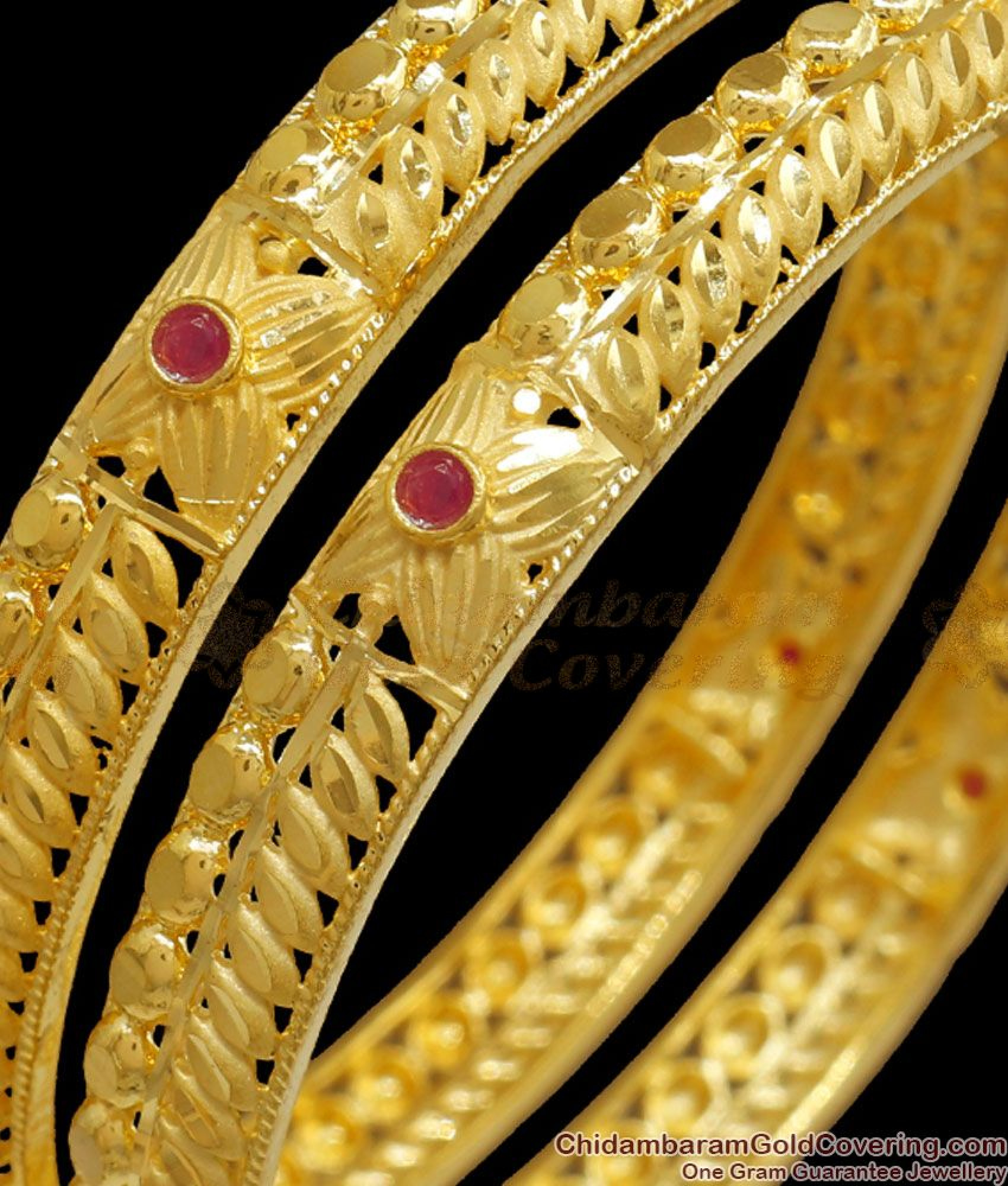 BR2129-2.10 Size 2 Gram Forming Gold Bangle Coral Red Stone Bridal ...