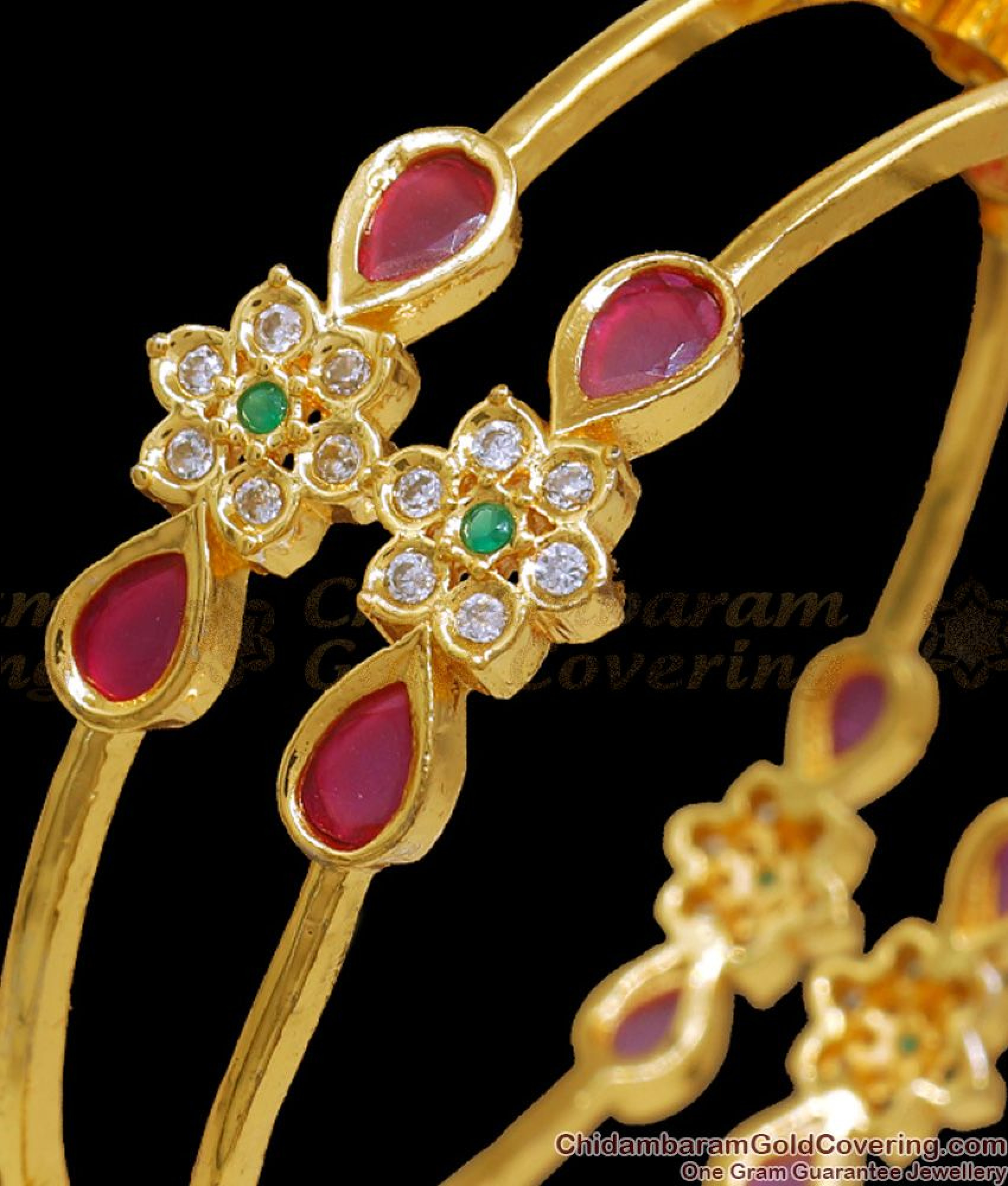 BR2149-2.6 Size Beautiful Set Of 2 CZ Ruby Stone Gold Bangles Shop Online