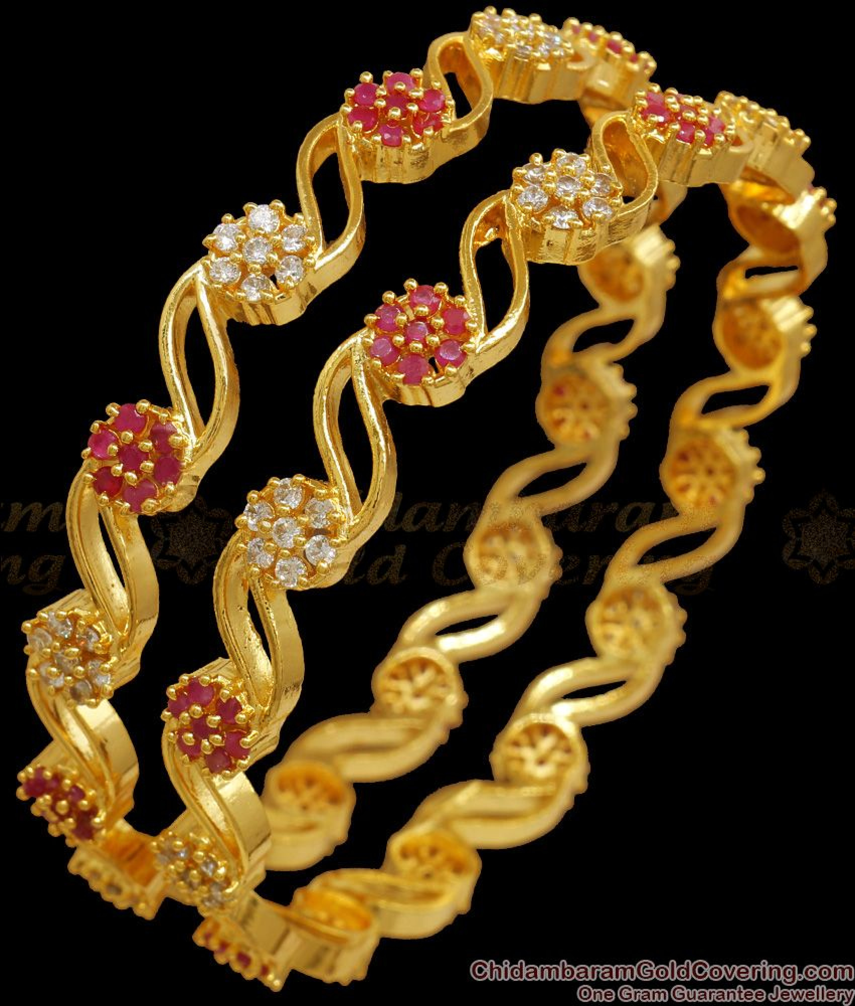 BR2151-2.6 Size Elegant Multi Stone Gold Imitation Bangles Floral Design