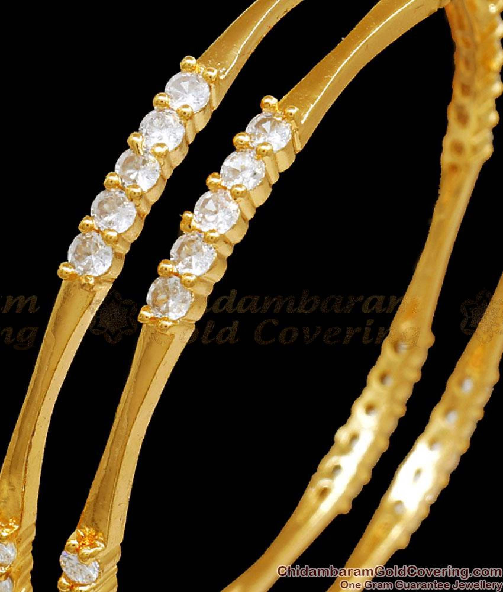 BR2259-2.6 Size Glittering White Stone Gold Bangles Slim Designs