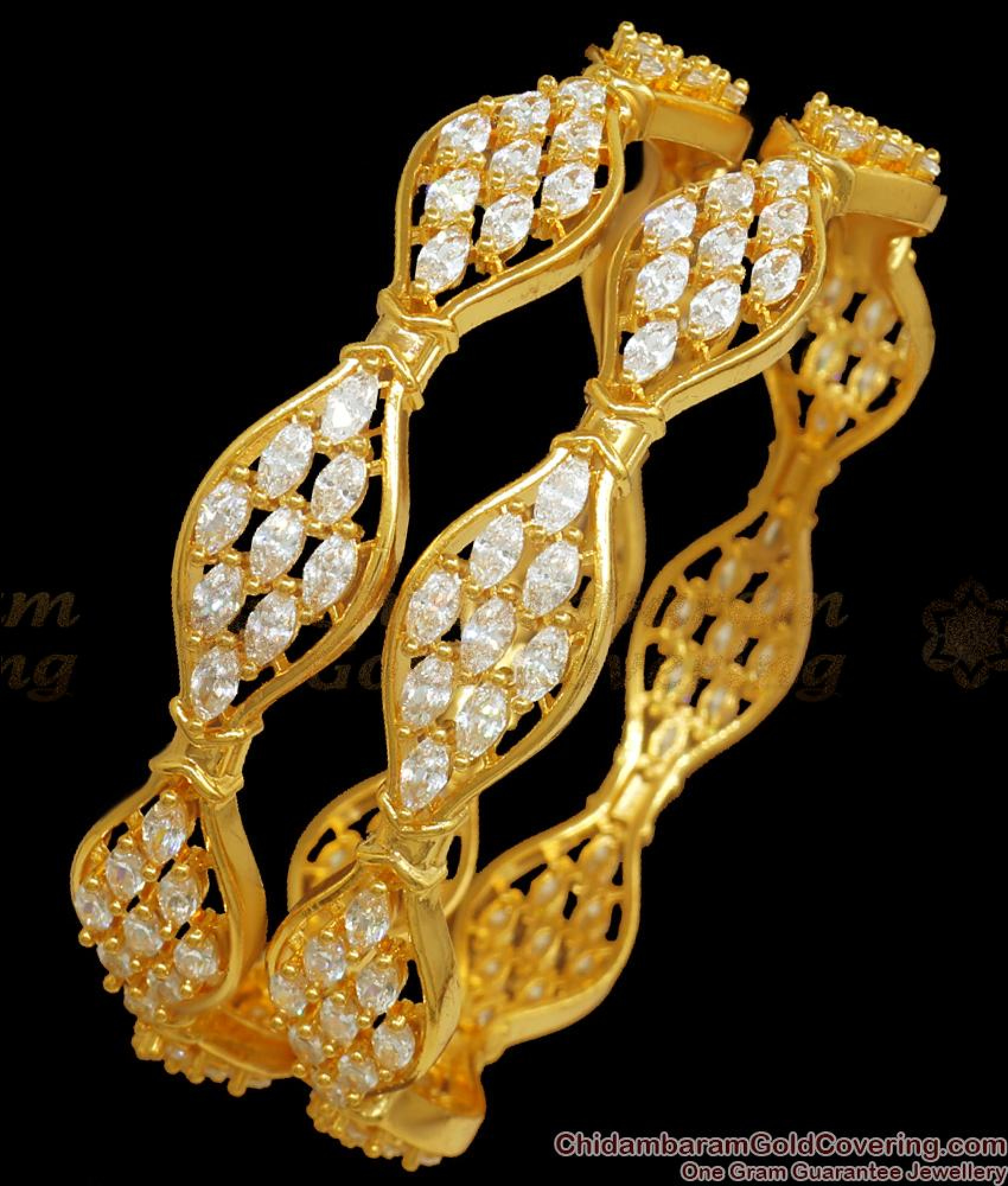 BR2300-2.8 Grand Gold Full White AD Stone Bangles Bridal Designs