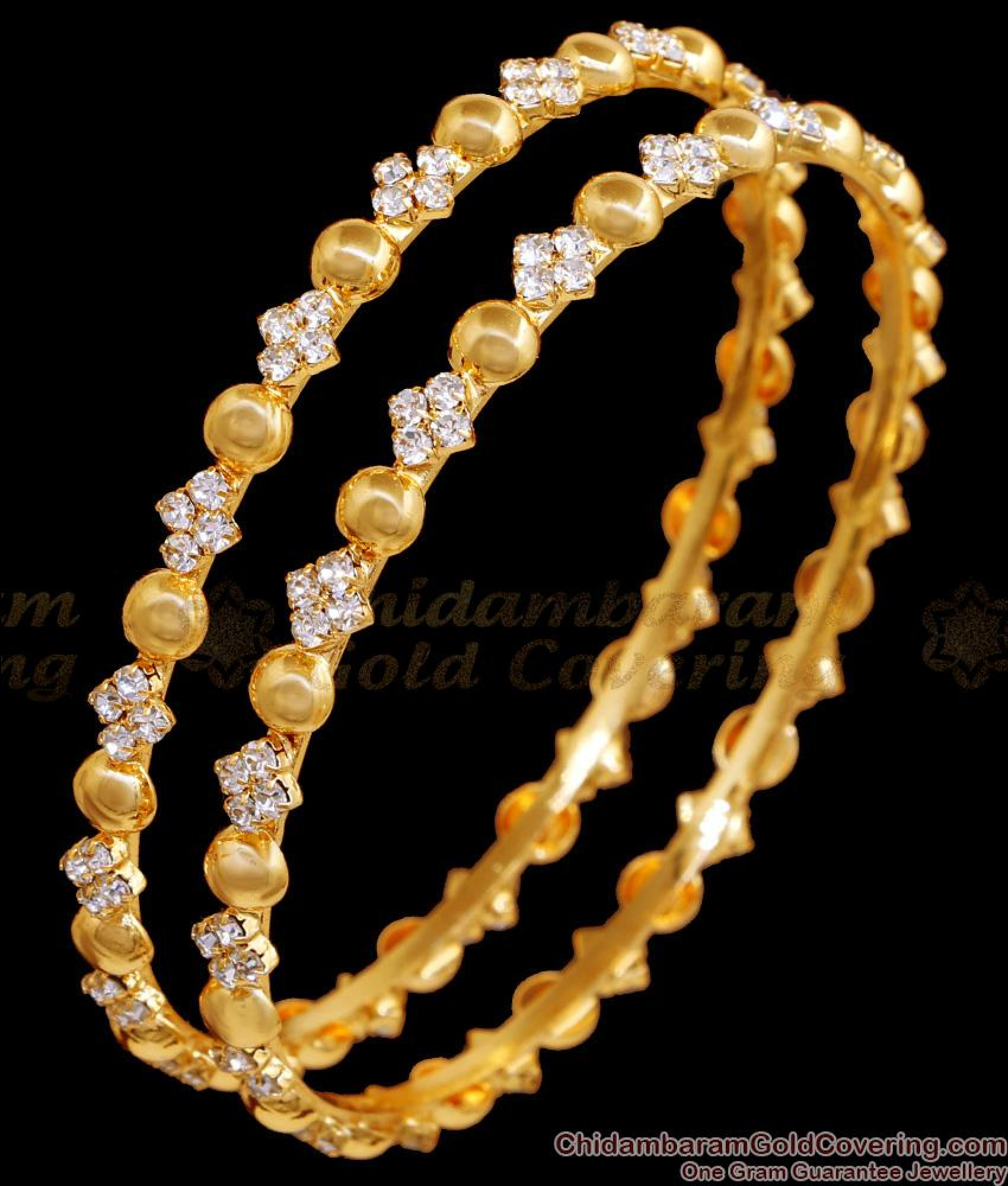 BR2447-2.6 Set Of Two Stylish White Stone Bangle Floral Gold Designs