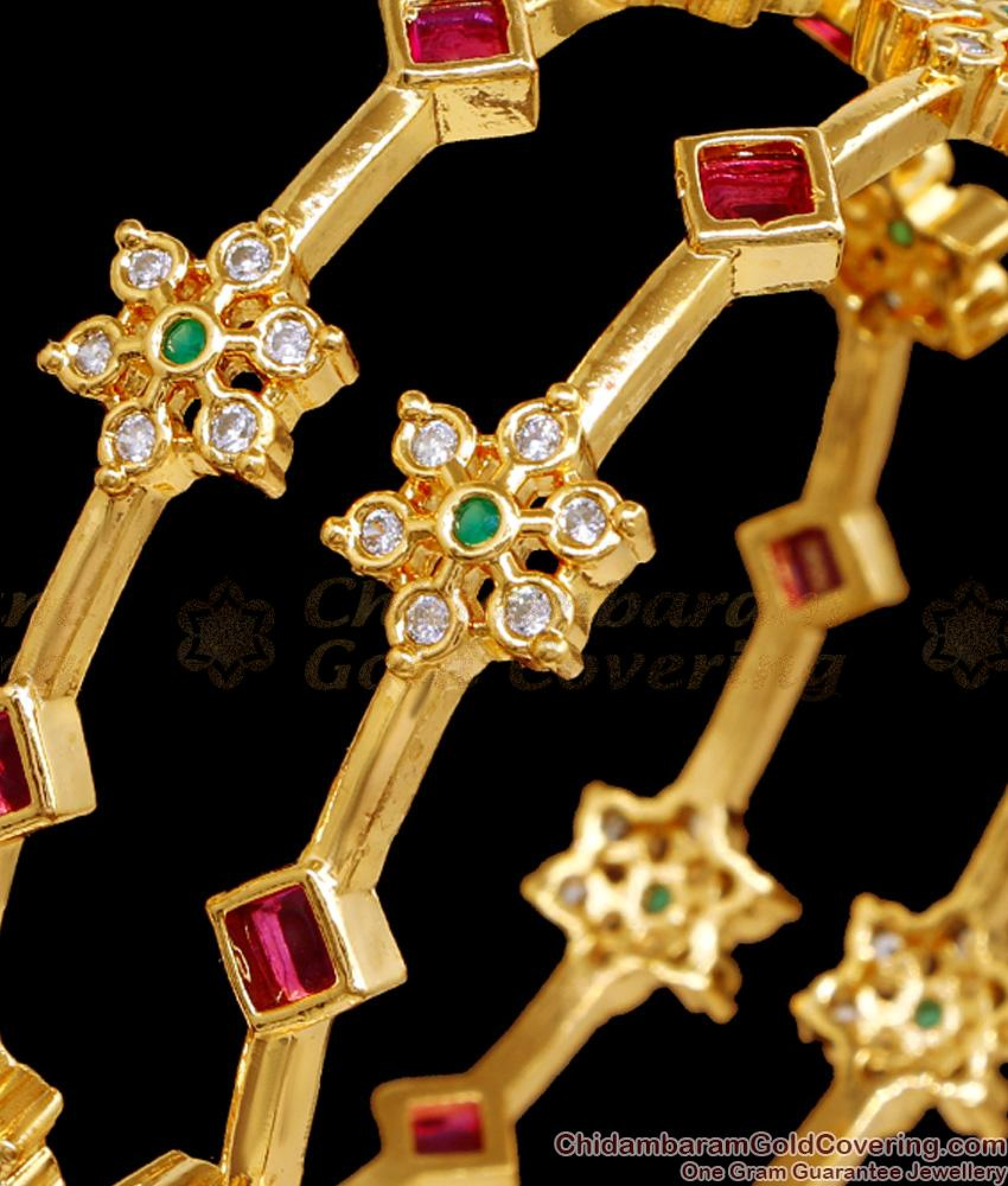 BR2450-2.6 Size Beautiful Flower Design Stone Bangles With Gold Finish