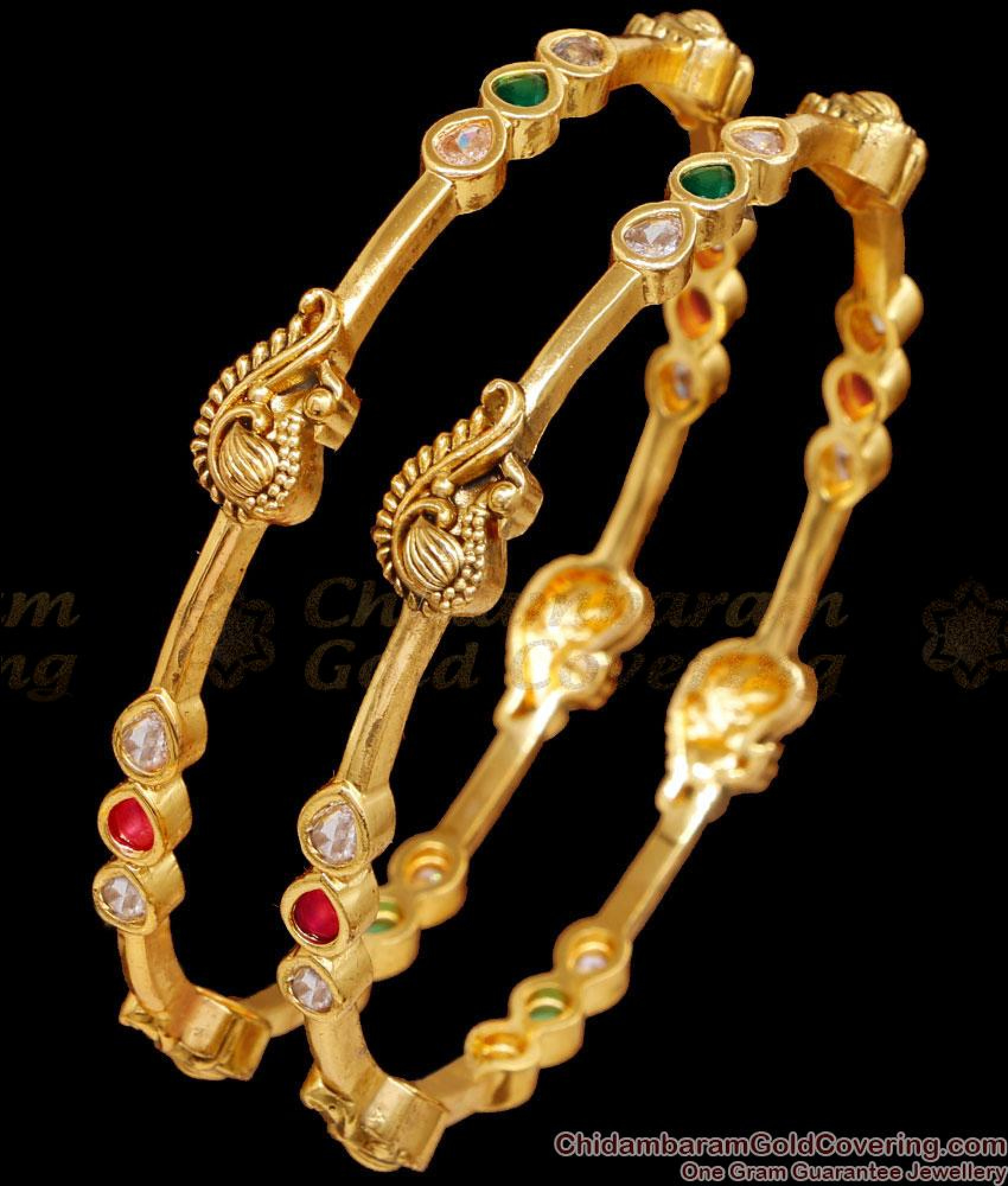 BR2530-2.4 Size High Quality True Antique Finish Gold Bangle Peacock Design